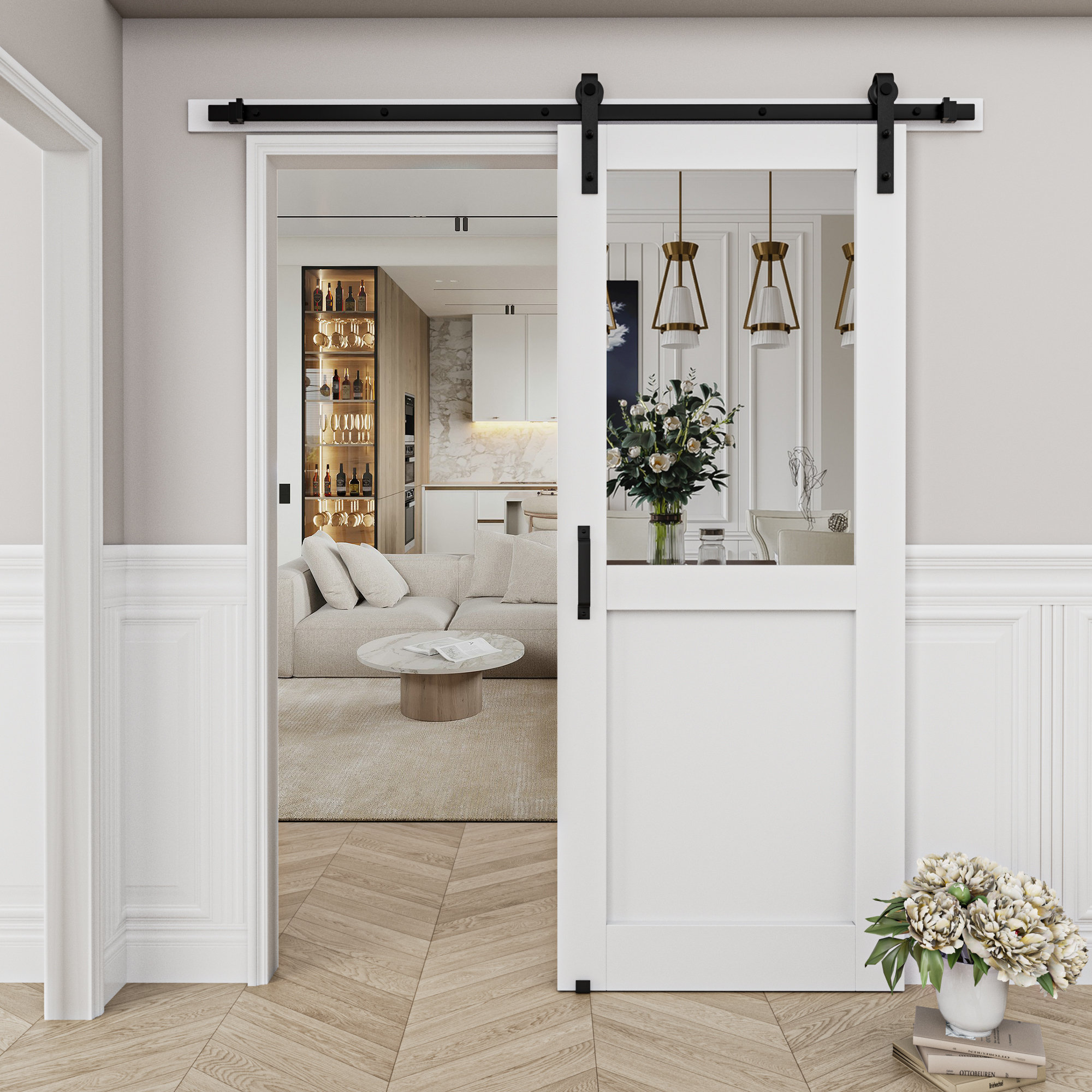 Home Worthy Half Glass Mirrored Primed Sliding Barn Door With ...