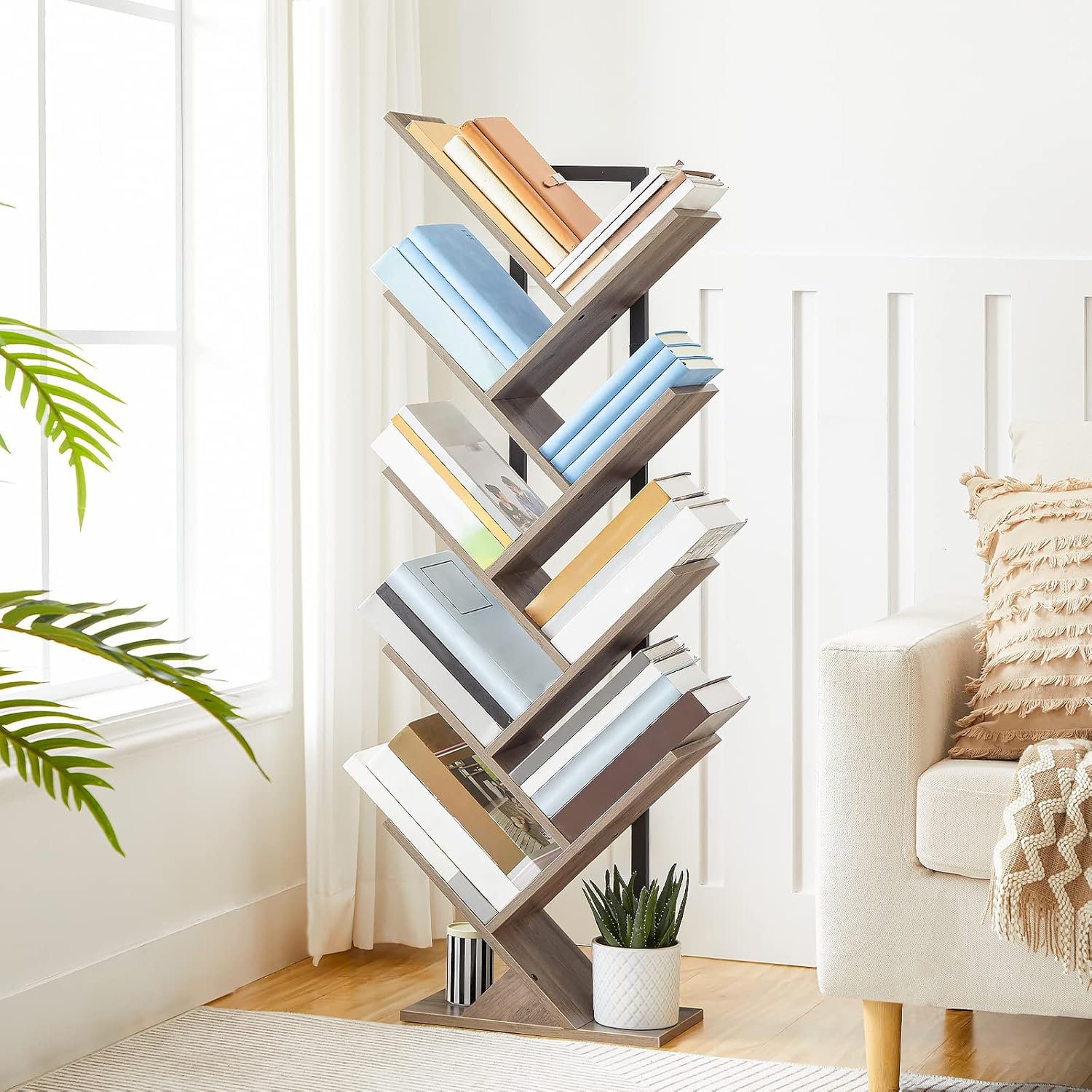 17 Stories 9-Tier Bookcase Wooden Shelves, Floor Standing Storage Rack ...