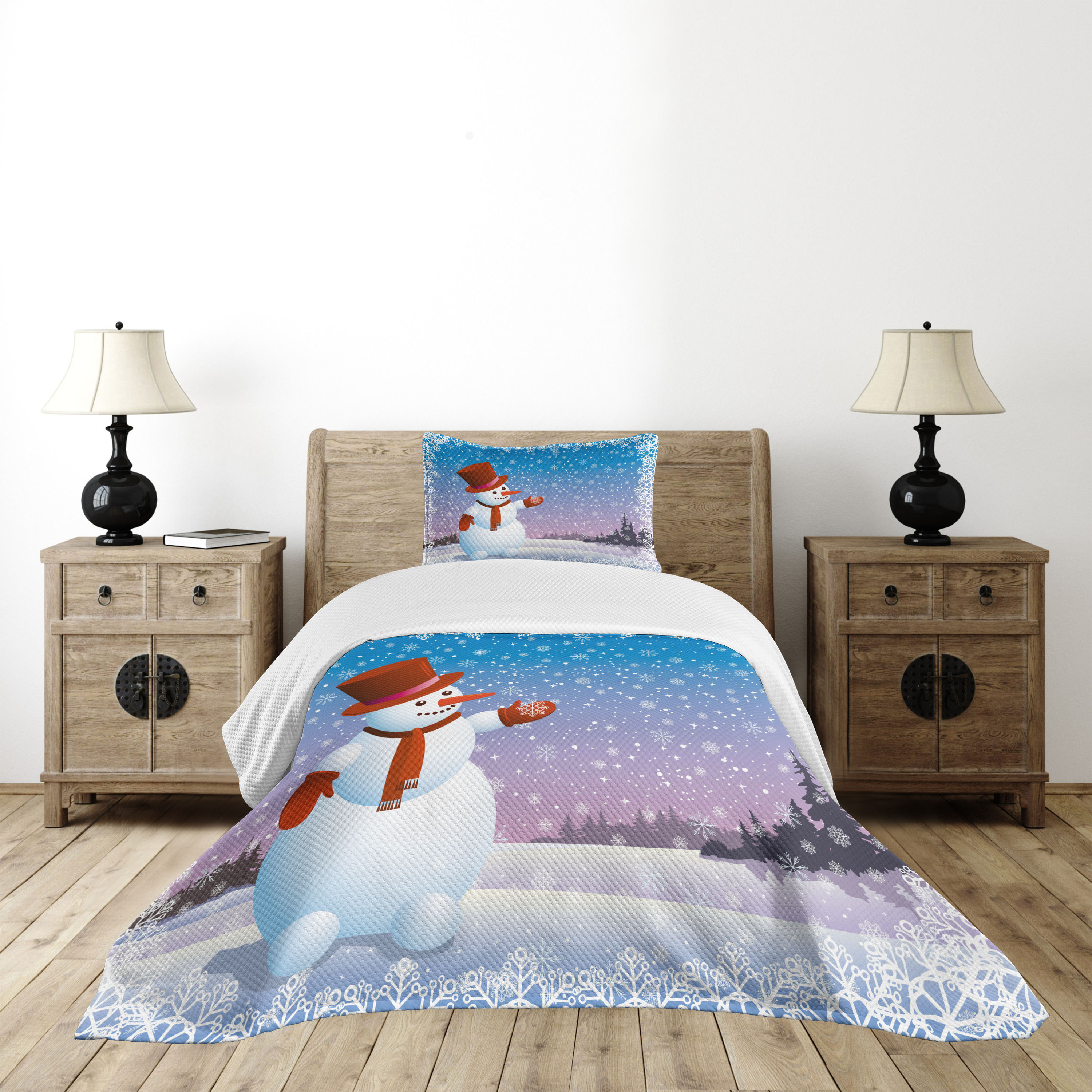 Ambesonne Snowman Bedspread Set Happy Cartoon Snowfall Multicolor | Wayfair