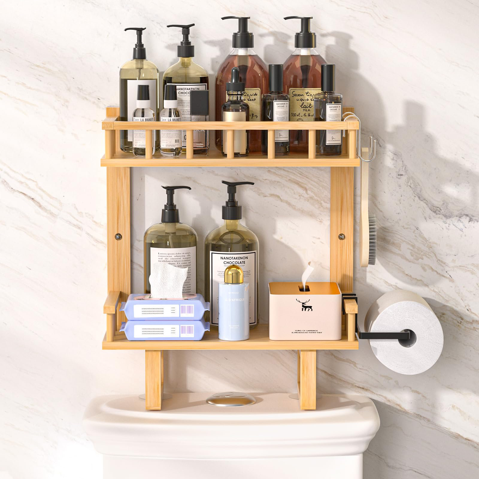 Ebern Designs Bamboo Non-Trace Adhesive Bathroom Toilet Organizer With ...