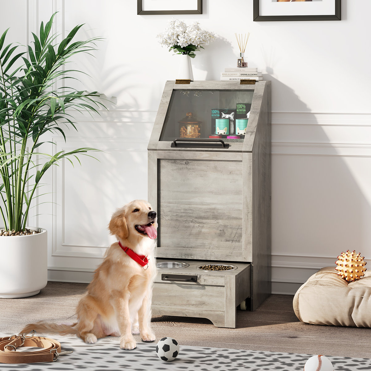 GLERUS Pet Food Cabinet -Flip Top Dog Food Storage Cabinet, Dog Food ...