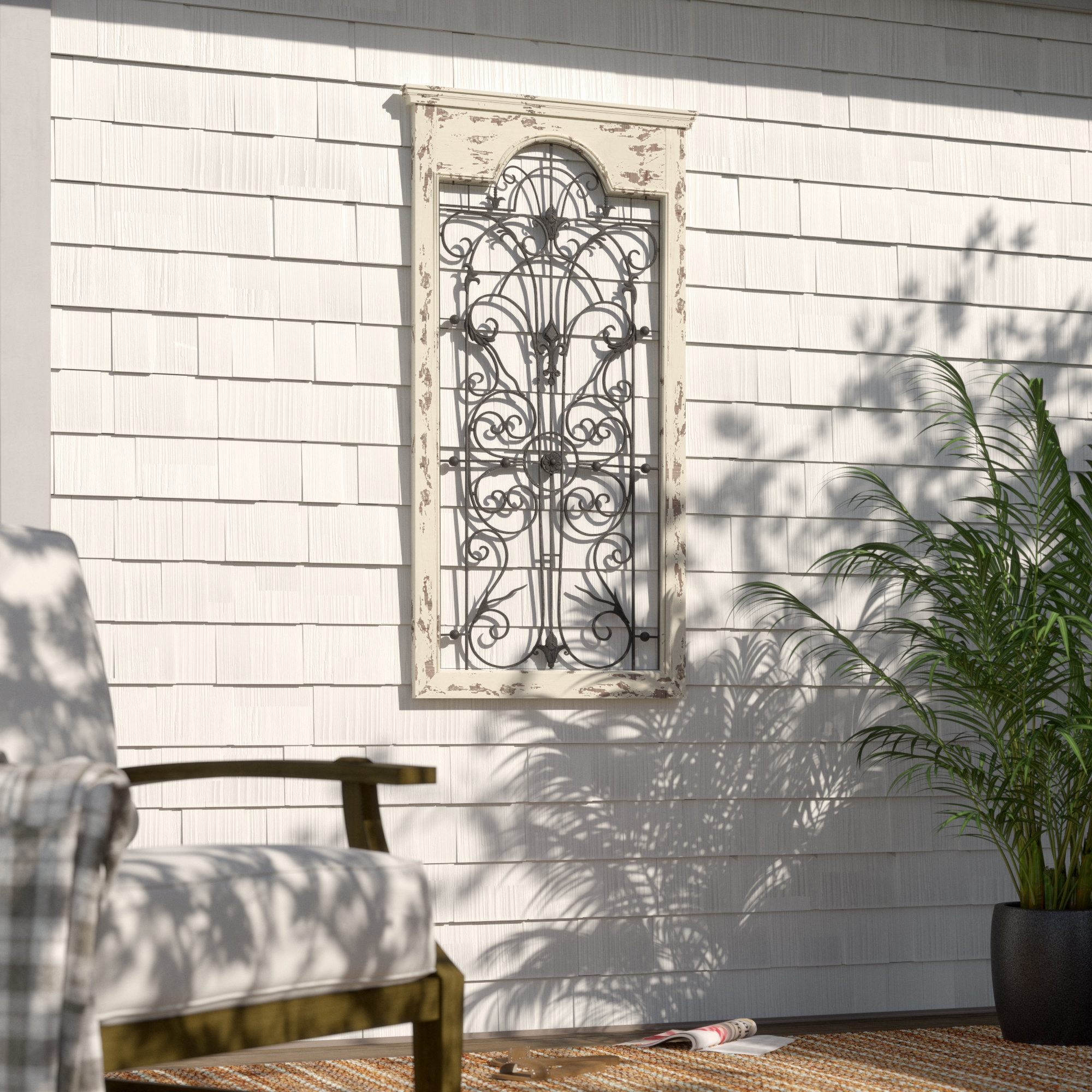 One Allium Way® Wood Distressed Window Inspired Panel Scroll White Wall ...