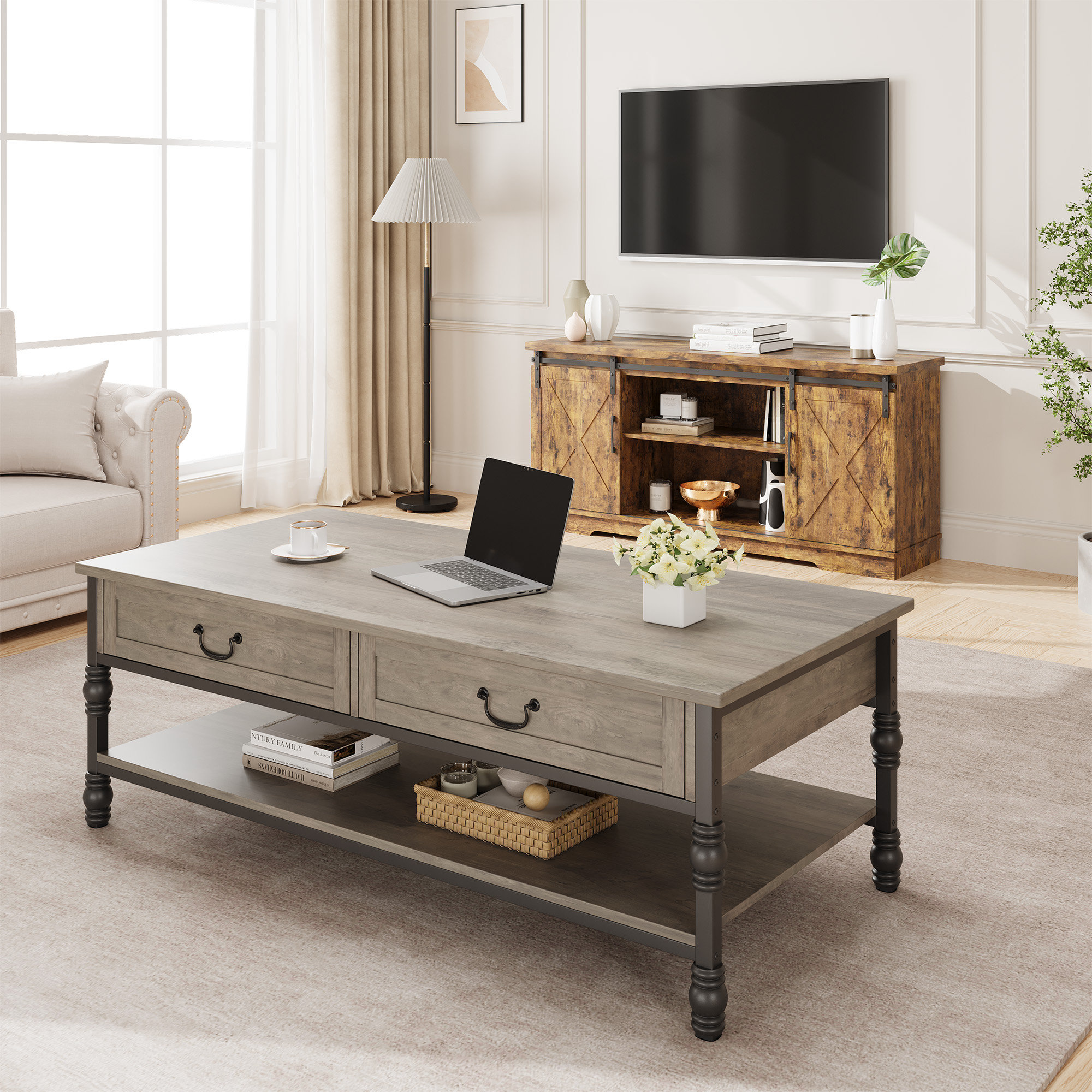 Charlton Home® Living Room Table Storage Coffee Table with Drawers Mid ...