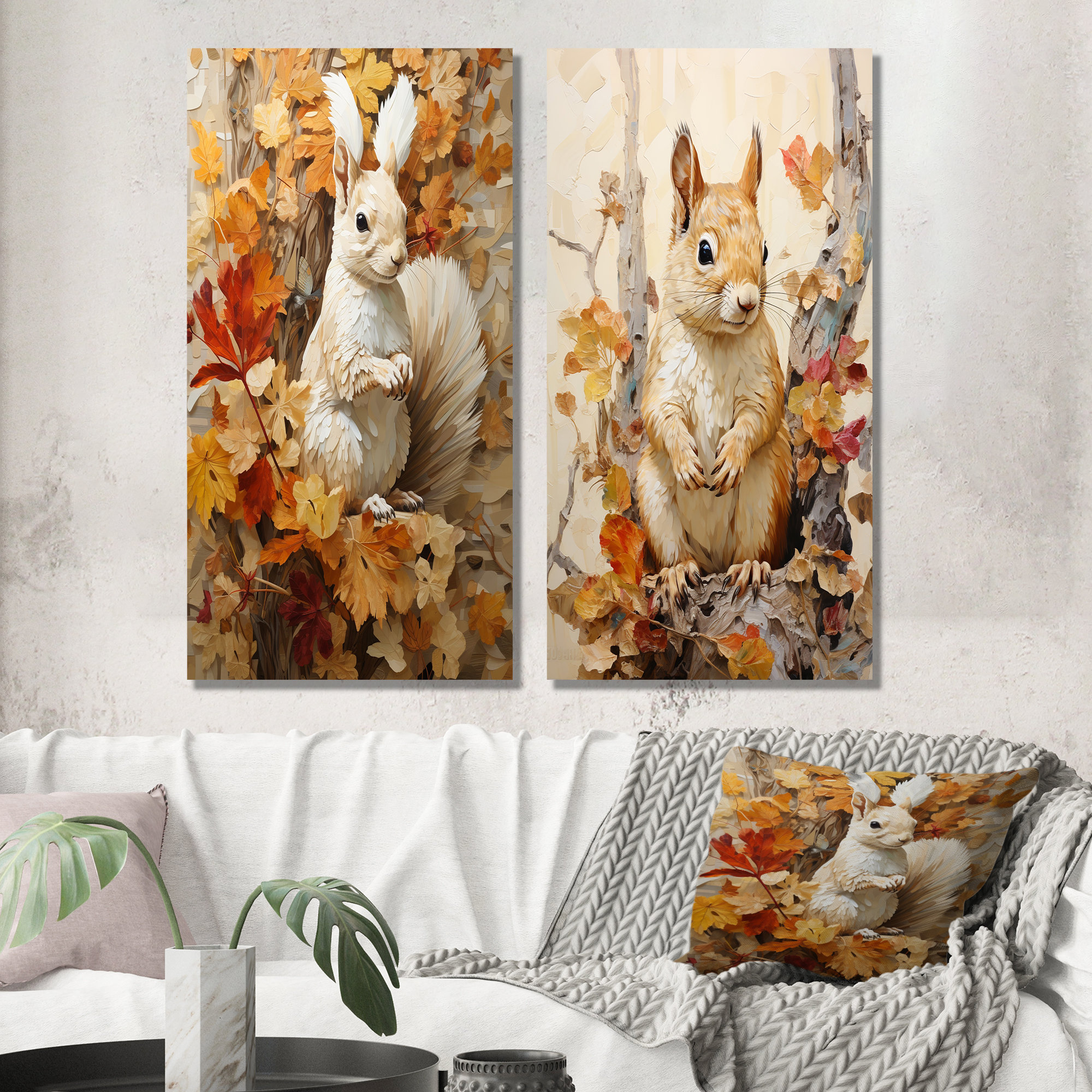 Millwood Pines Minimalism Squirrel Beige Painting - Squirrel Canvas Prints Set Of 2 | Wayfair