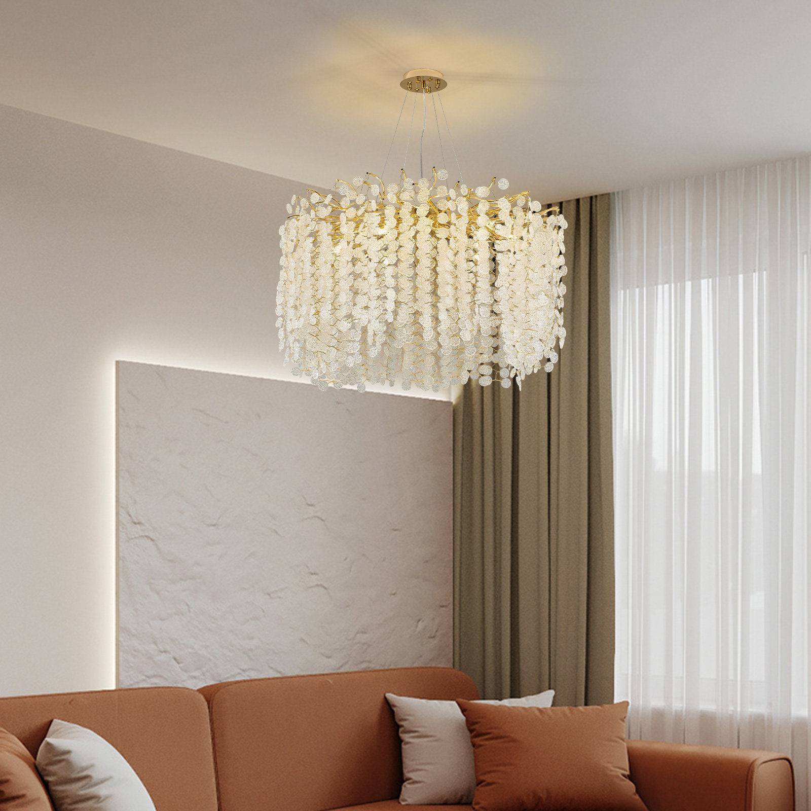 Akari Lanterns Akari Tree Branch Glass Art Gold Coin Chandelier ...