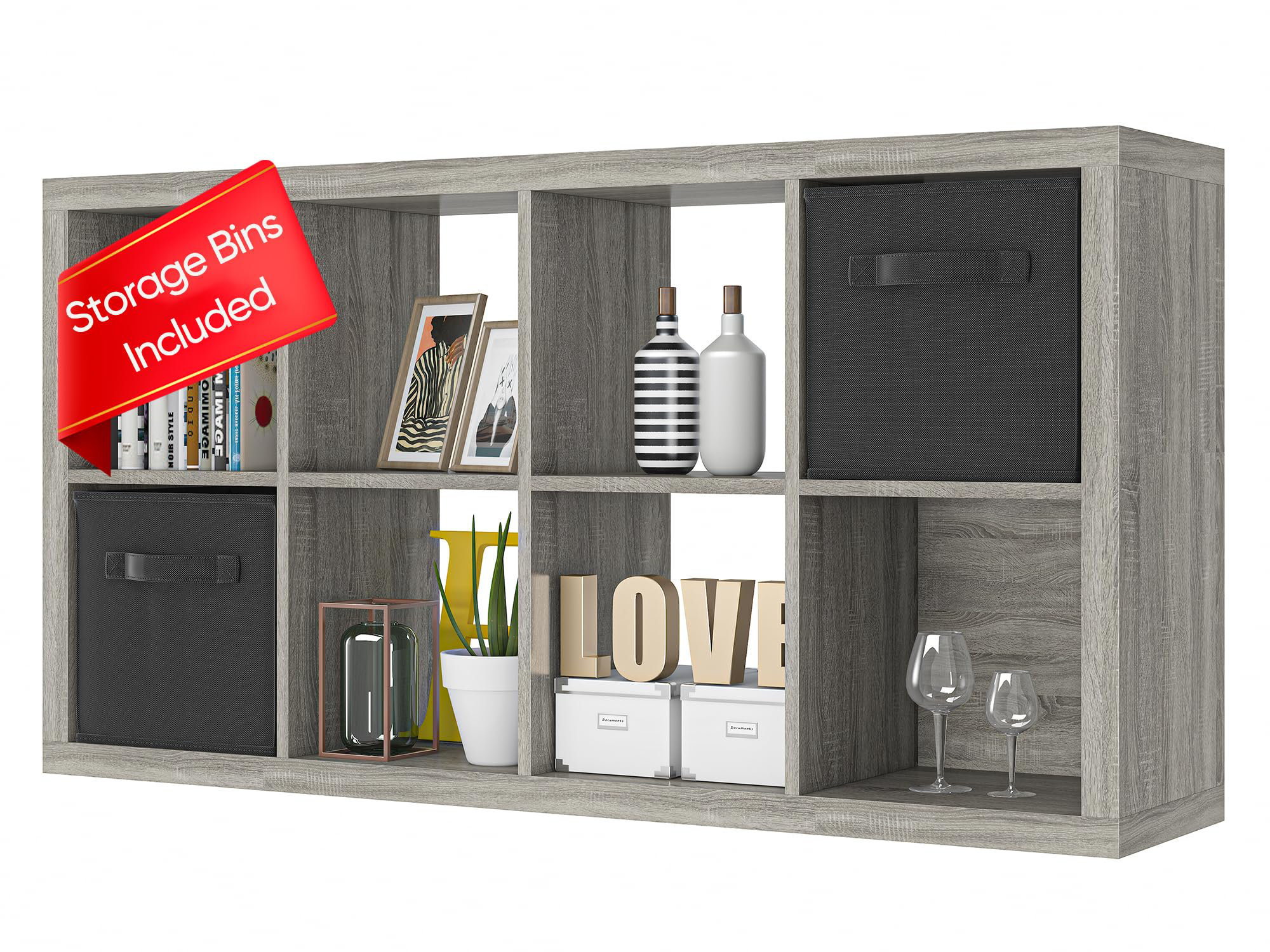 Ebern Designs Bookshelf with Storage Bins, 8-Cube Storage Organizer ...