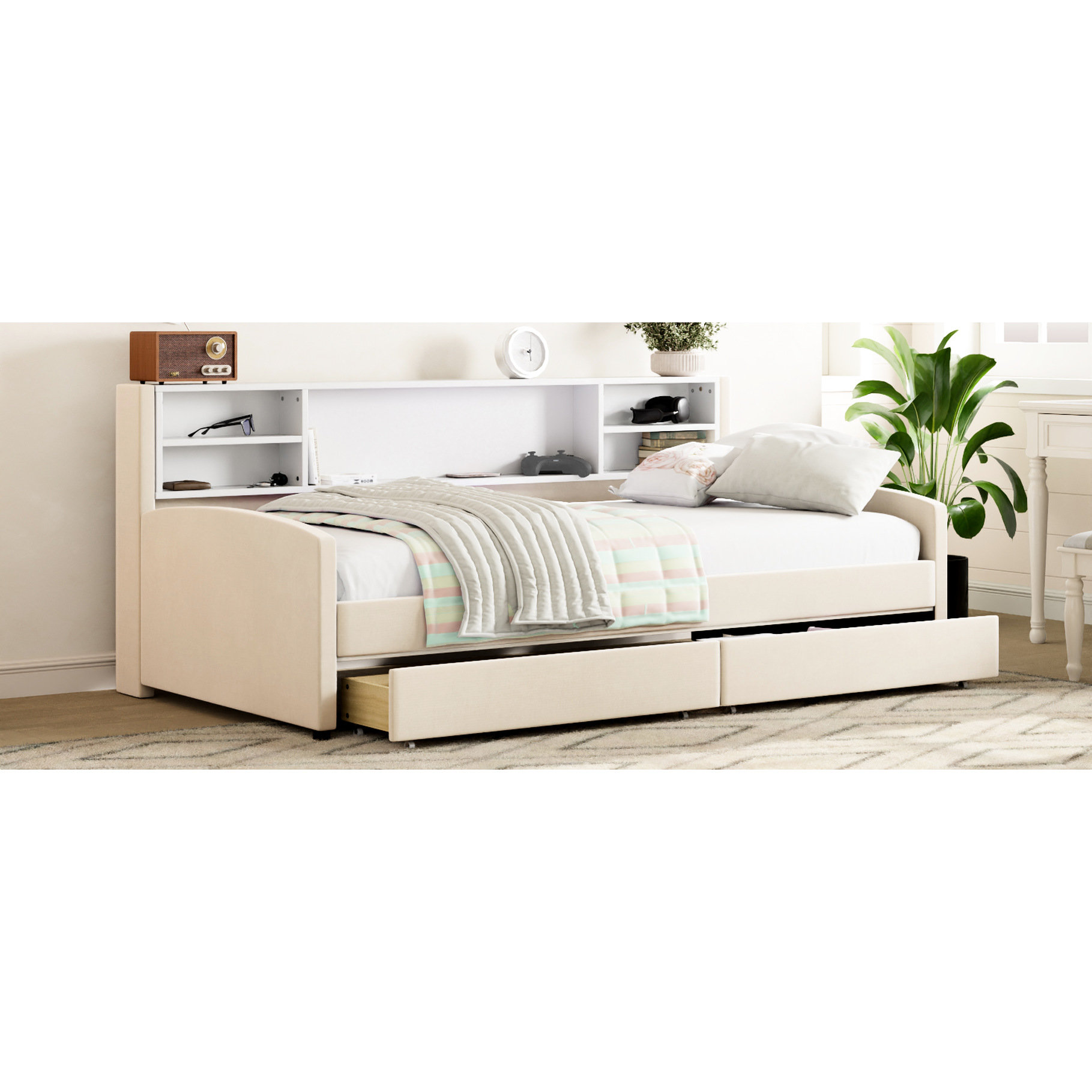 Mercer41 Beige Twin Platform Bed With Drawers - Soft Velvet ...