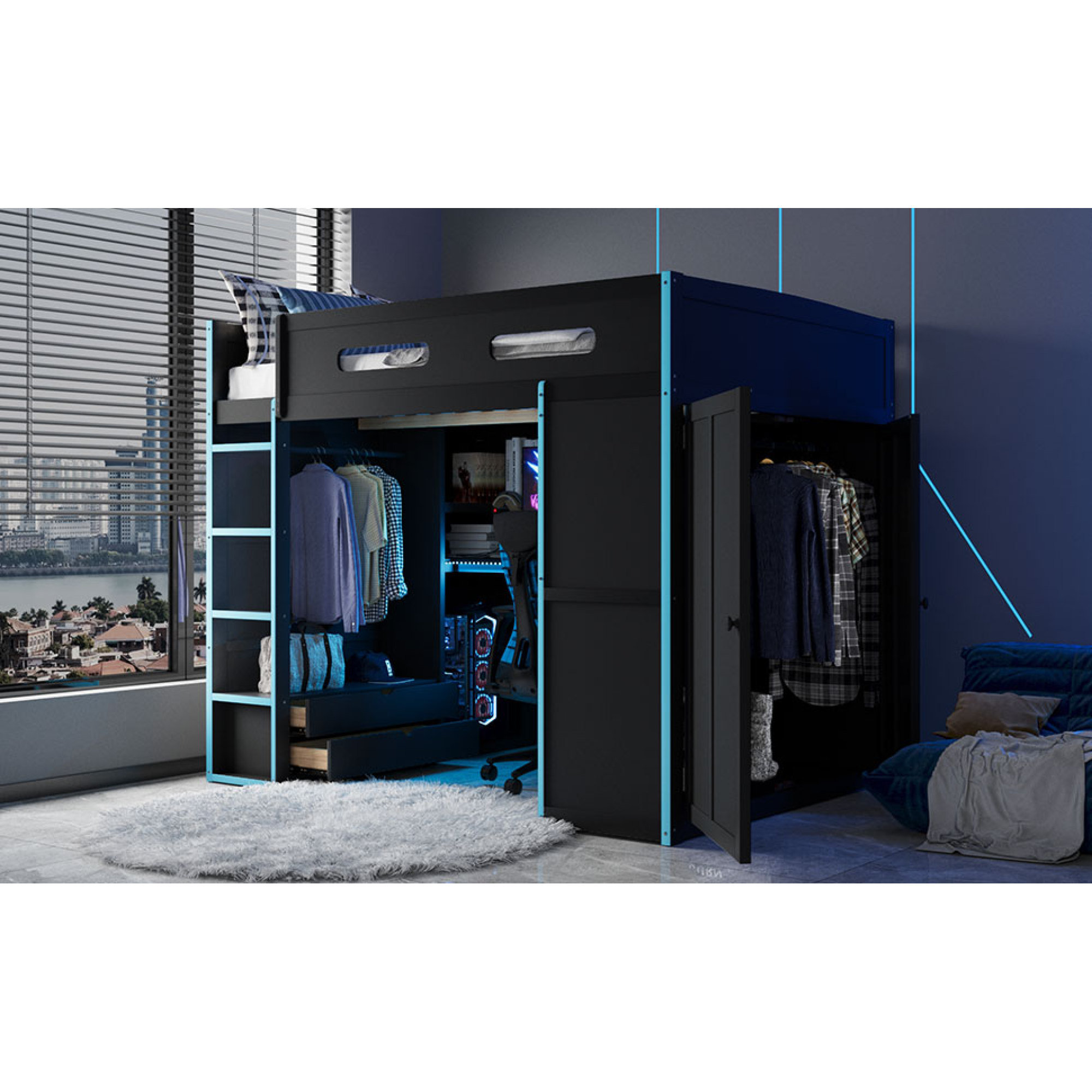 Brayden Studio® Gaming Loft Bed Rgb Led Wood Modern Bedroom Setup | Wayfair