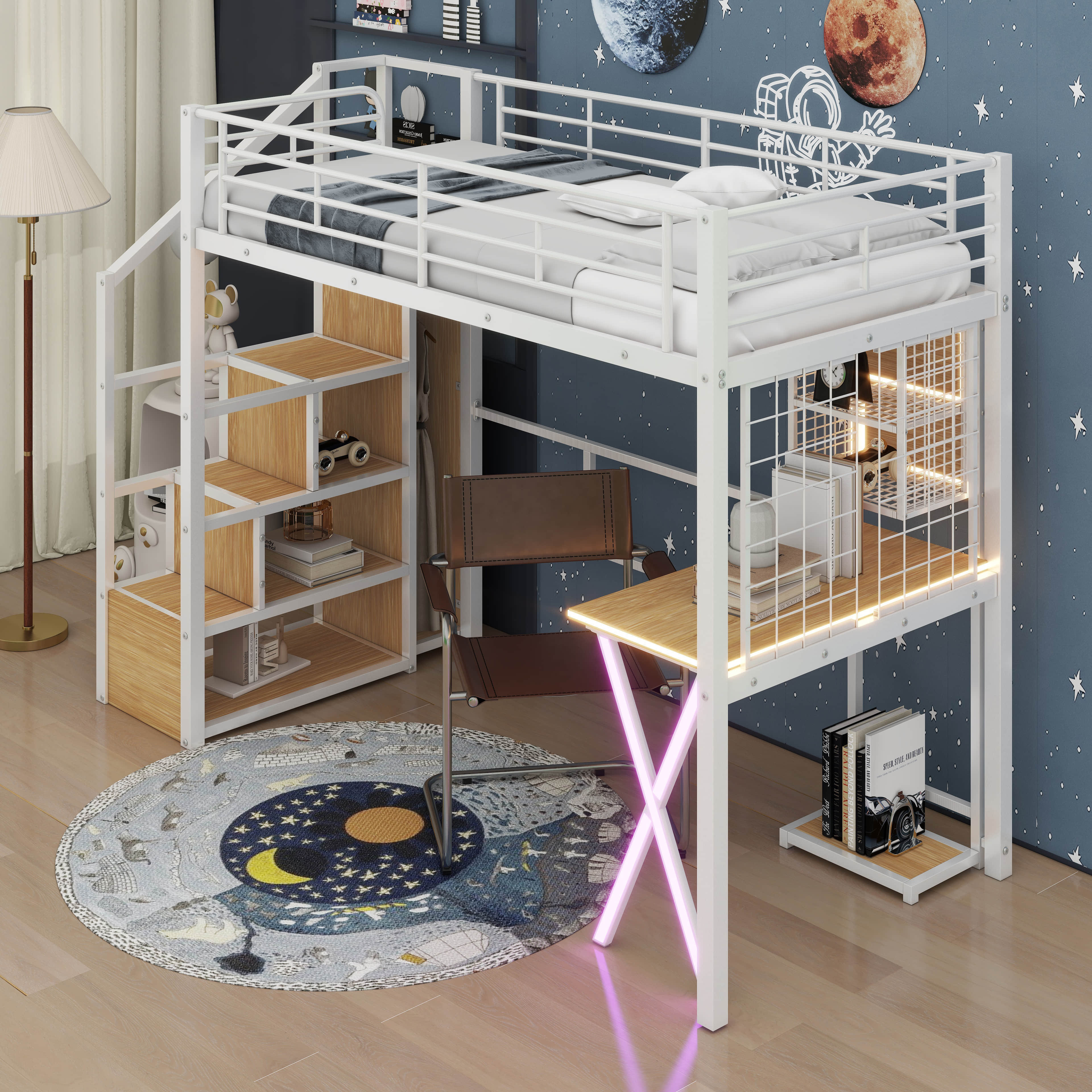 Latitude Run® Twin Size Gaming Metal Loft Bed With Desk, Wardrobe And ...