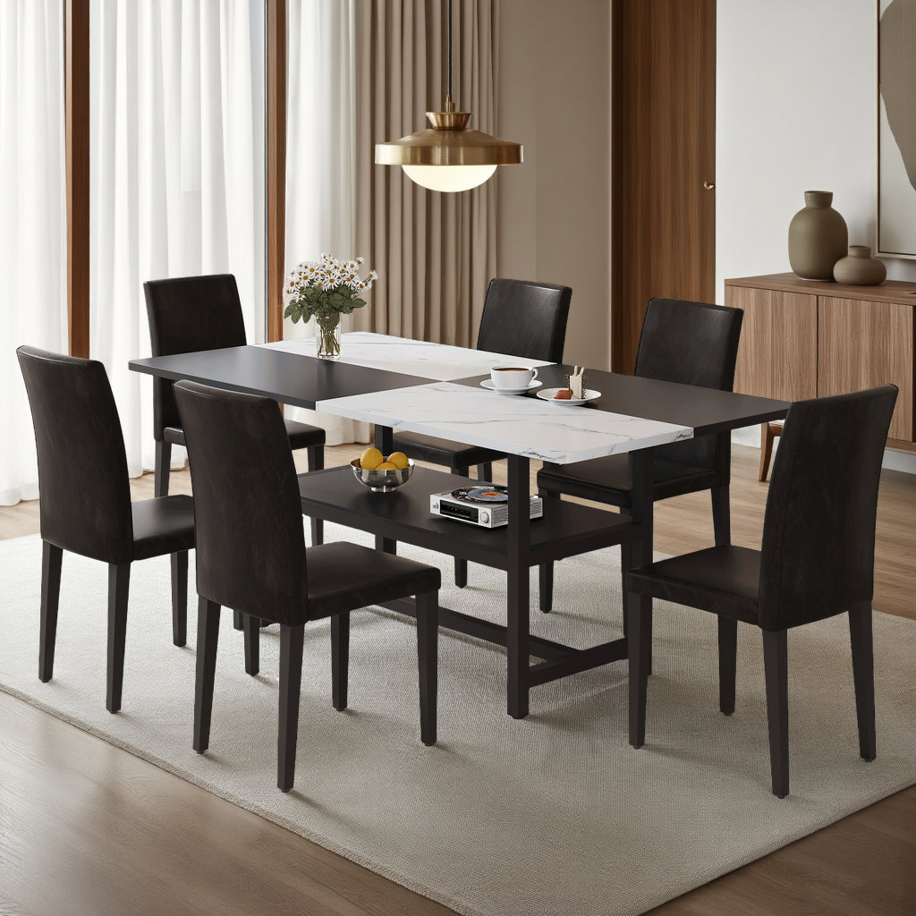 Ivy Bronx 71" Table & PU Chairs, Black Dining Table Set with Storage ...