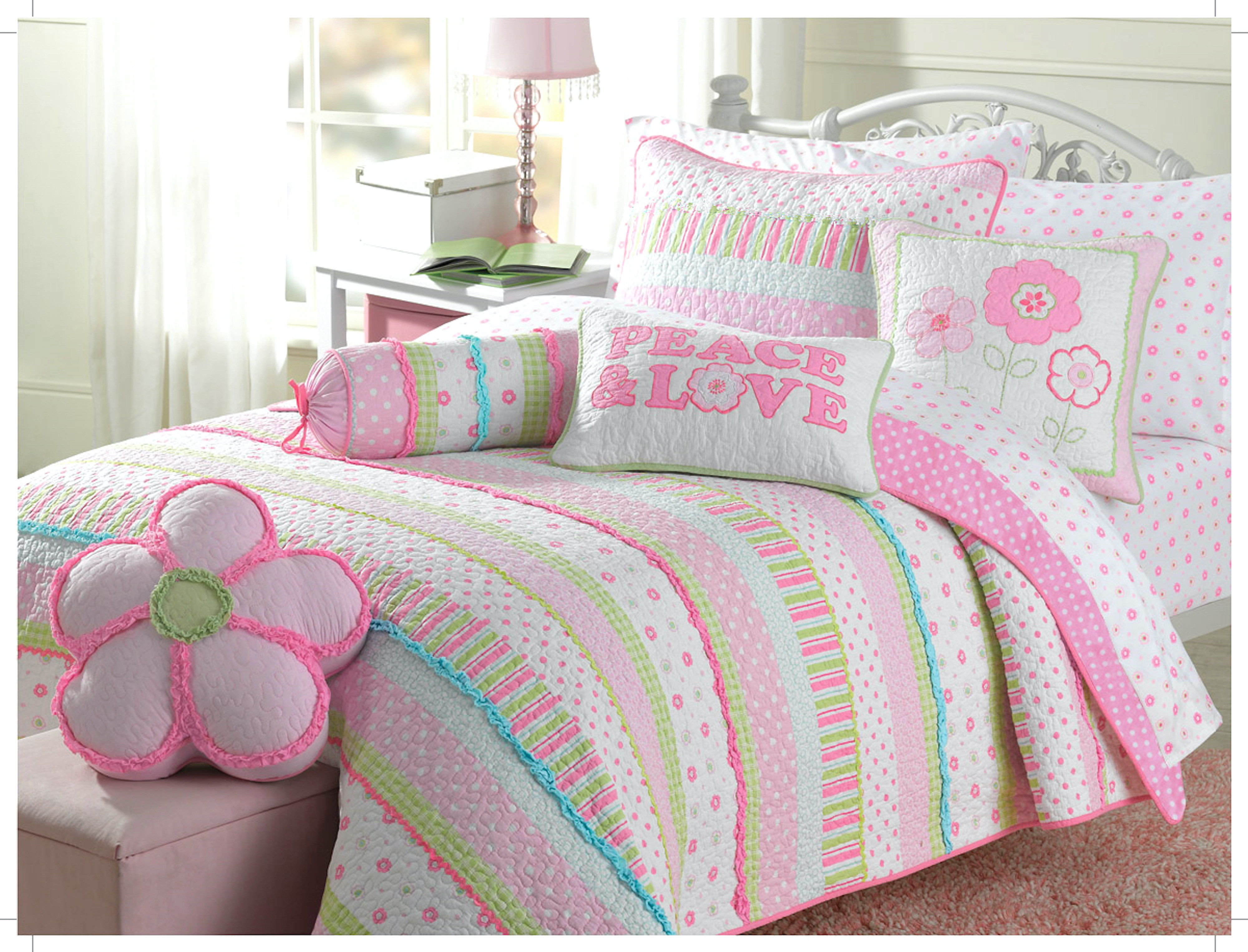 Cozy Line Home Fashion Ensemble de courtepointe réversible rose / blanc ...