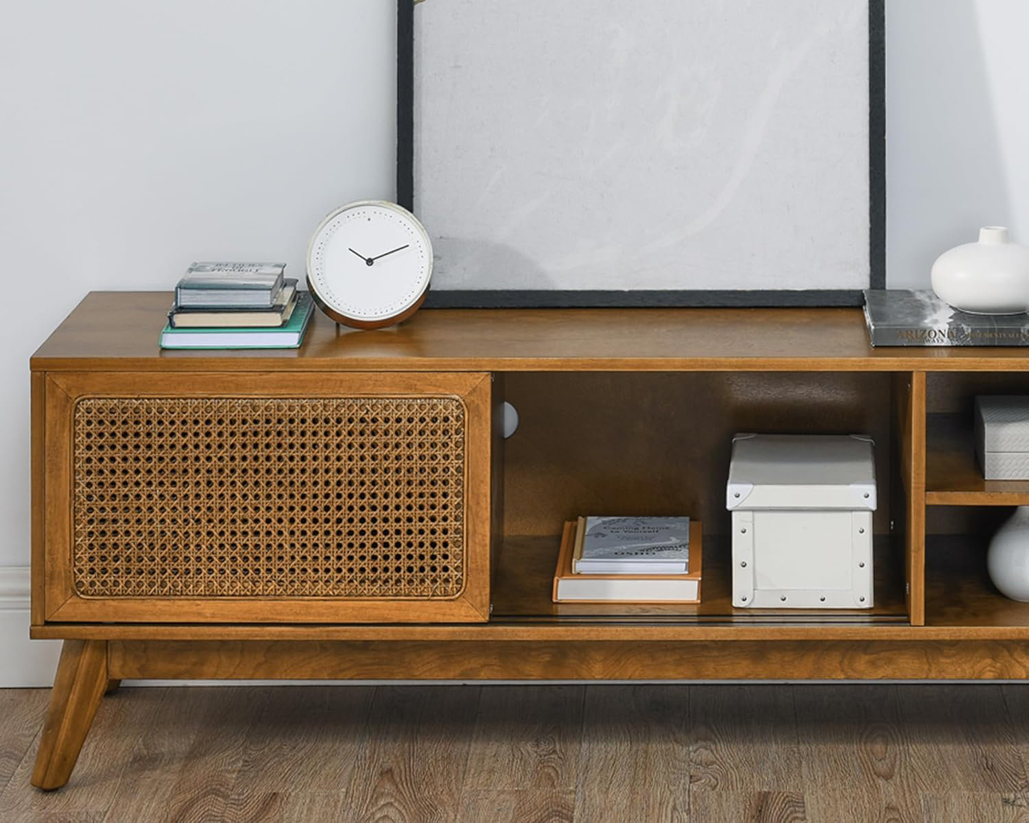 Bayou Breeze 59 Inch Mid Century Modern TV Stand With Rattan Cabinet ...