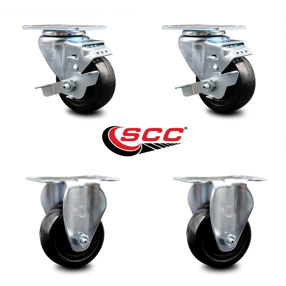 Service Caster 3 Inch Hard Rubber Wheel Swivel Top Plate Caster Set ...