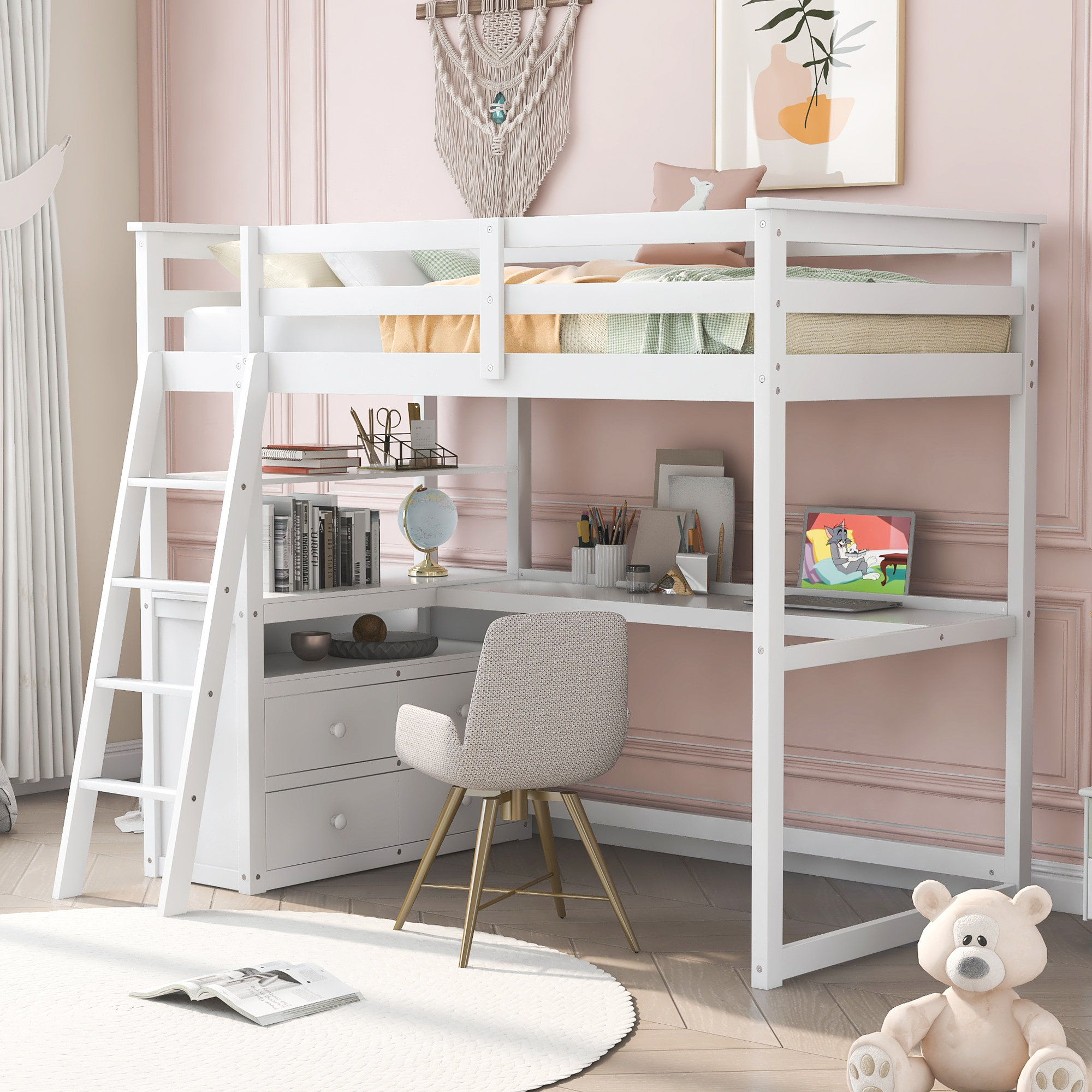 Harriet Bee Evo 2 Drawer Loft Bed with Built-in Desk and Shelves ...