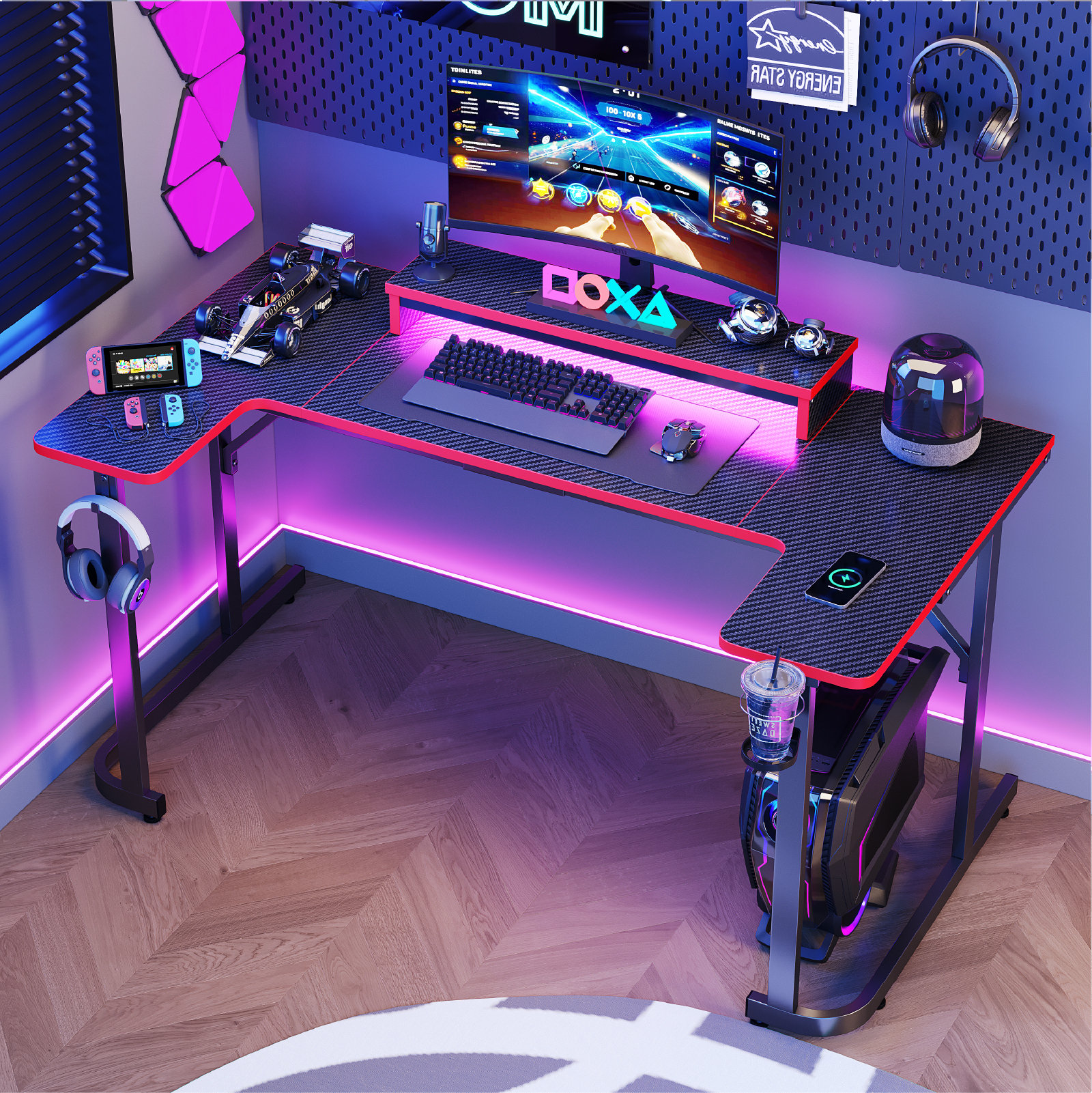 Inbox Zero Monike 51“/59” U-Shaped Gaming Desk with LED Lights ...