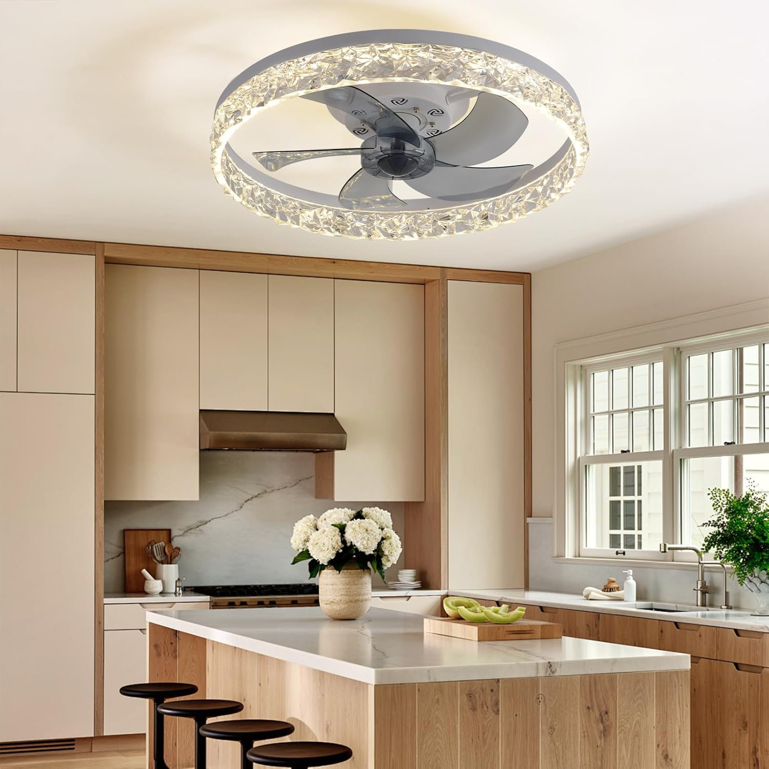Mercer41 Crystal Chandelier Fan Modern Flush Mount Ceiling Fan With ...
