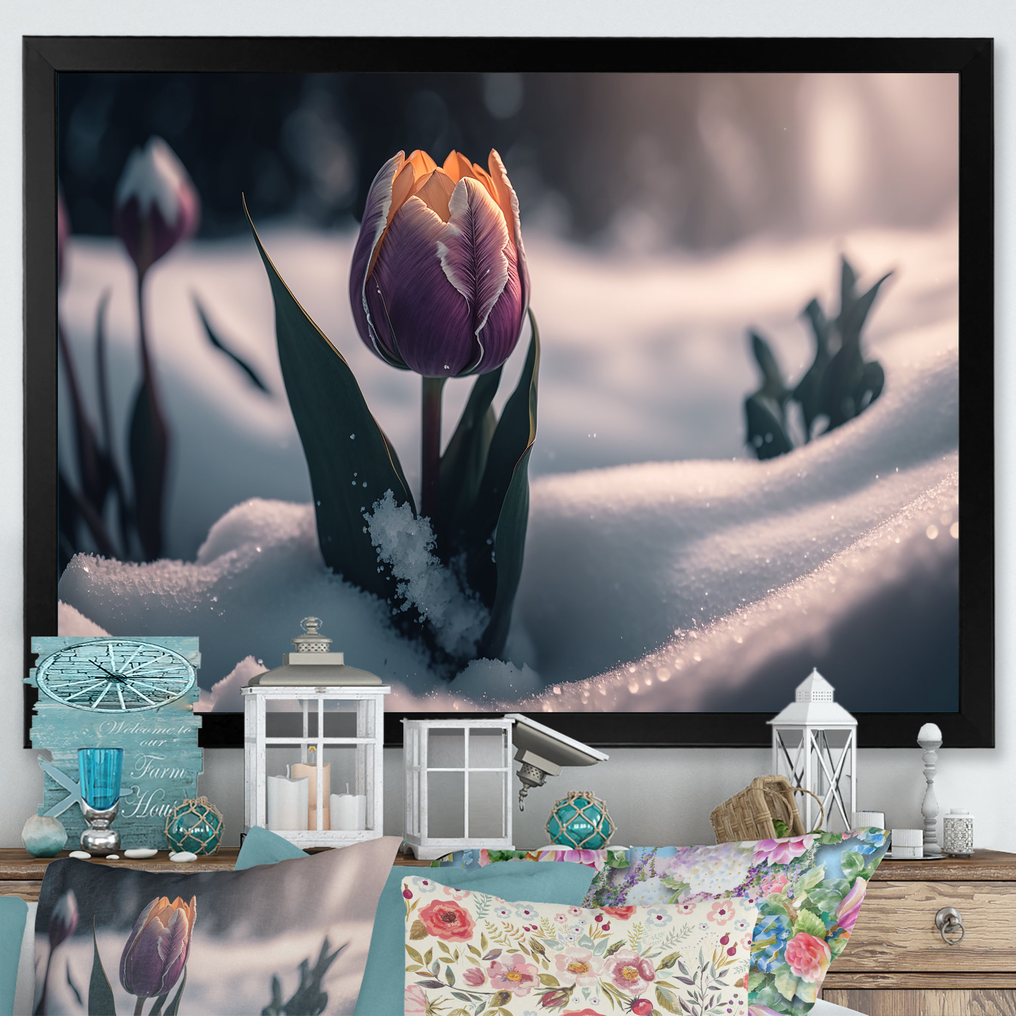 Design Art A Blooming Purple Tulip Flower in Winter - Picture Frame ...