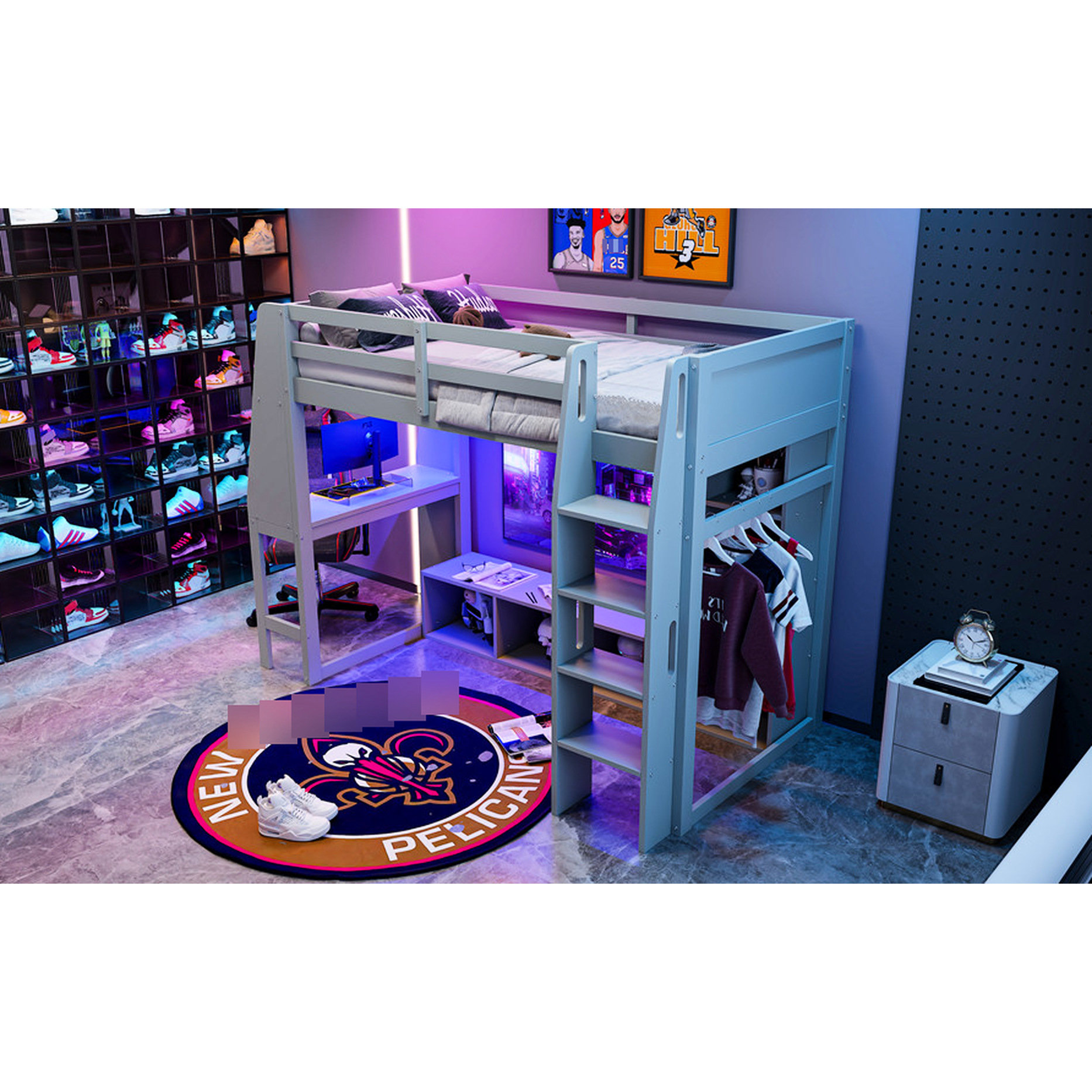 Harriet Bee Wood Twin Loft Bed With Desk & Storage, Led, Hanging ...