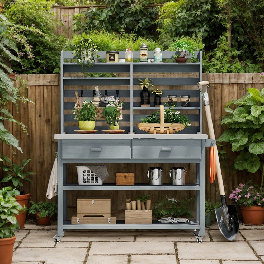 Arlmont & Co. Outdoor Potting Bench Table With Lockable Wheels, Solid ...