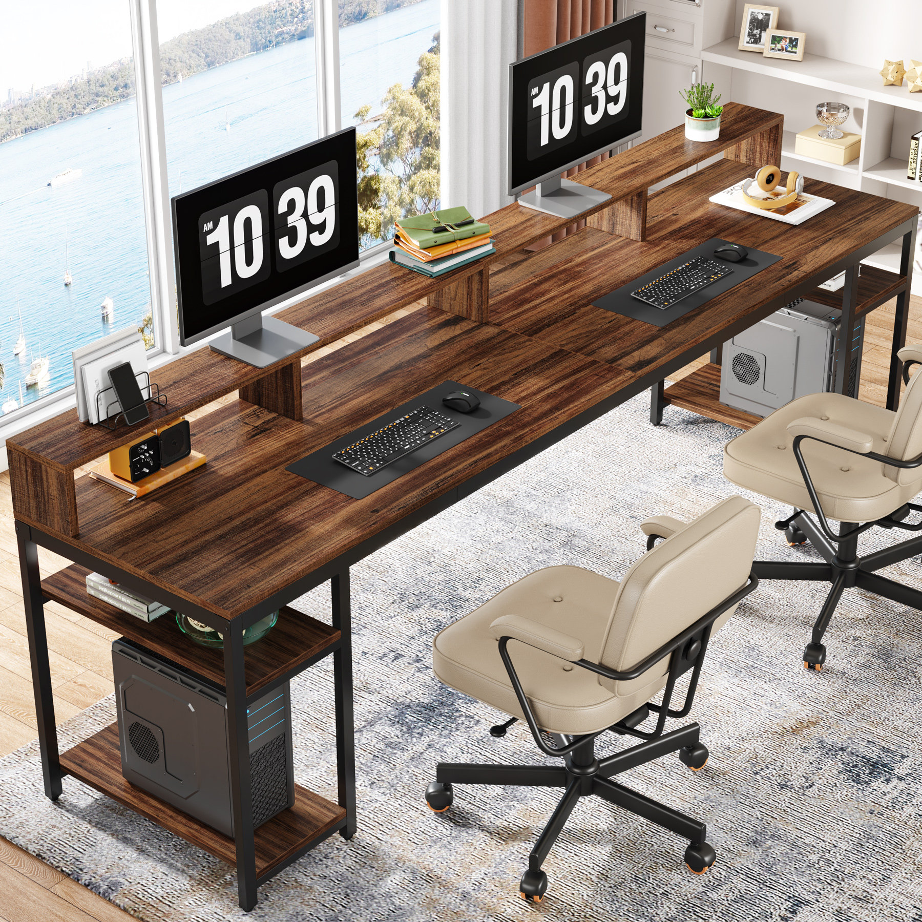 Inbox Zero 78.74" W Double Computer Desk With Monitor Stand, Two Person ...