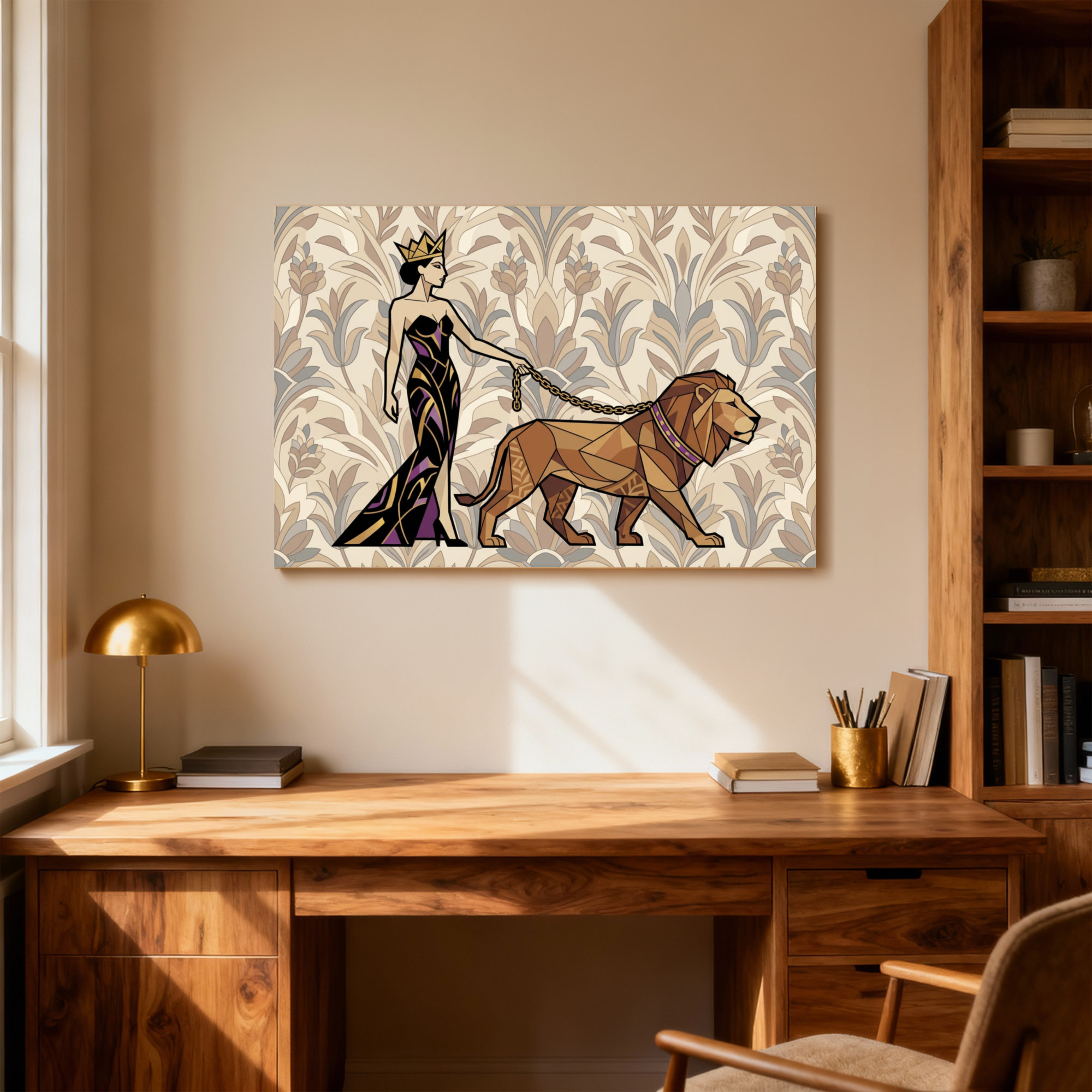 Everly Quinn Animals Queen With Lion On Leash Pattern Print | Wayfair