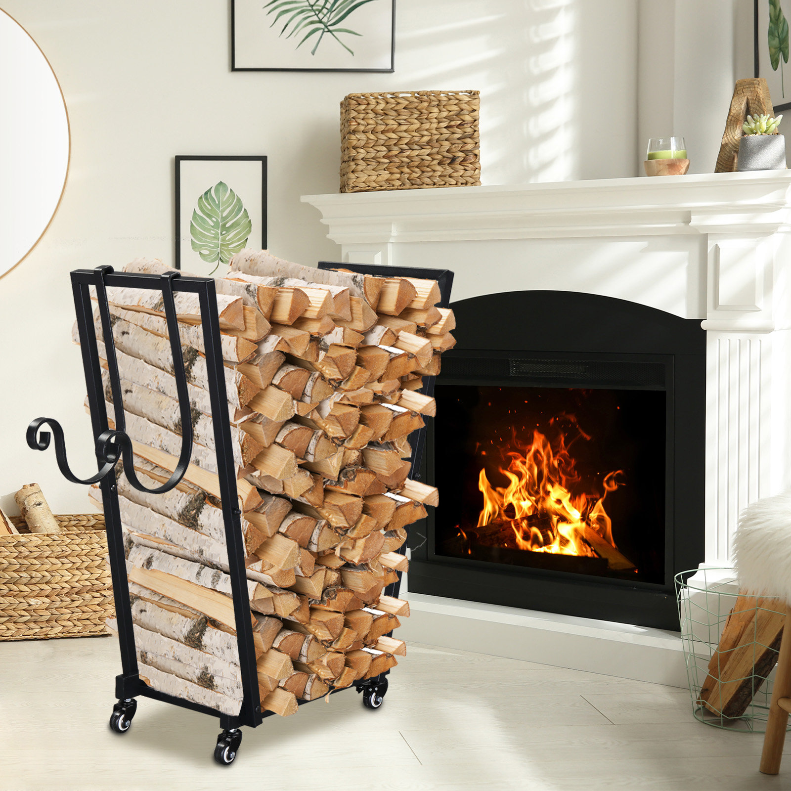 Winston Porter Nazime 31.5" H Black Metal Log Rack with Wheels ...