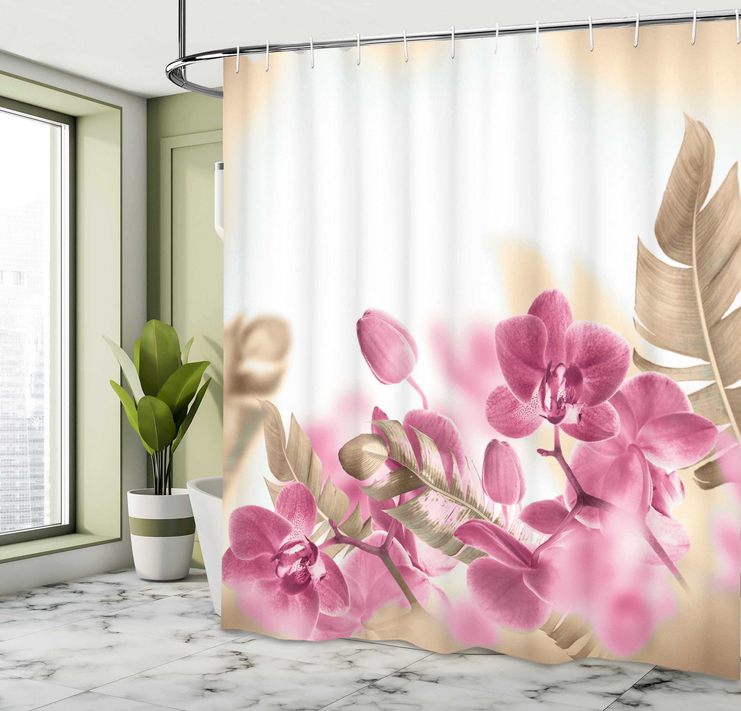East Urban Home Tropical Shower Curtain Blooming Orchids Leaves | Wayfair