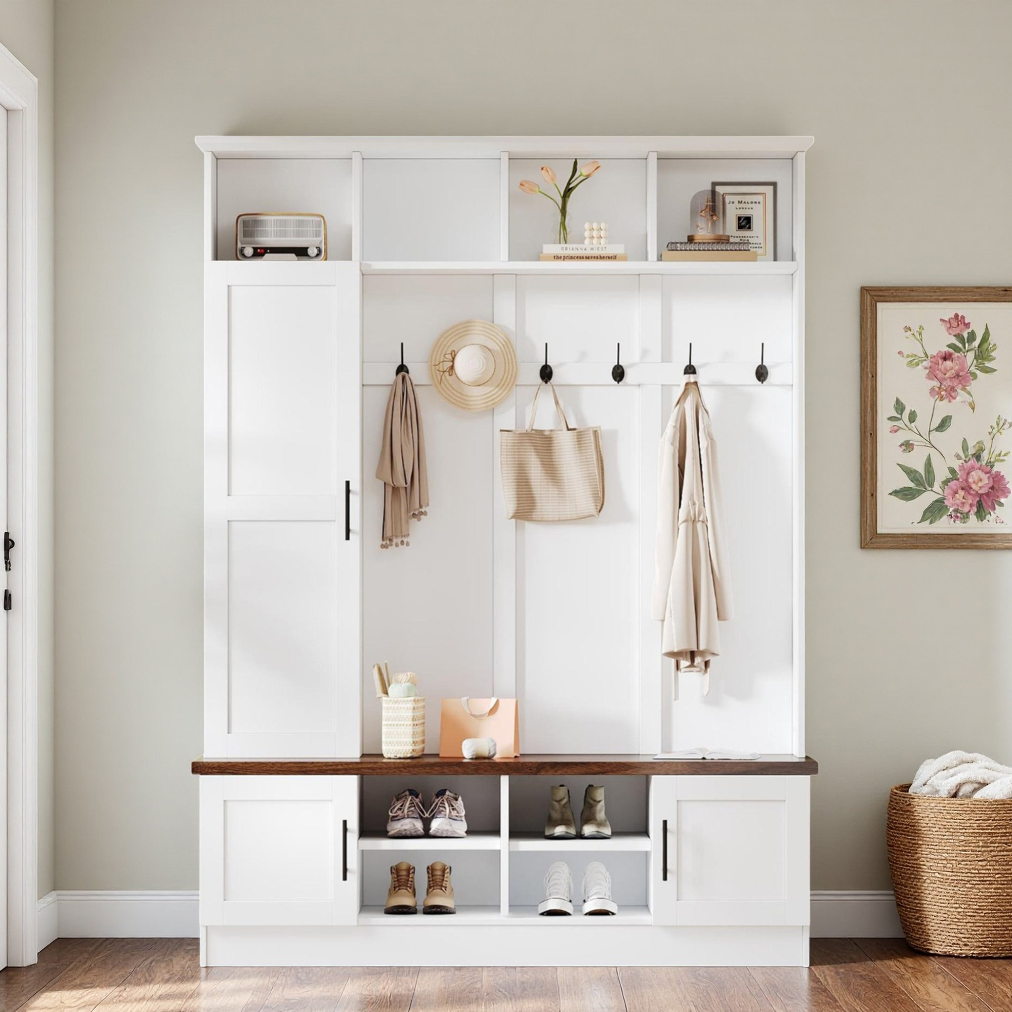 Red Barrel Studio® 55" W 3-In-1 Hall Tree With 6 Metal Hooks, 3 Doors ...