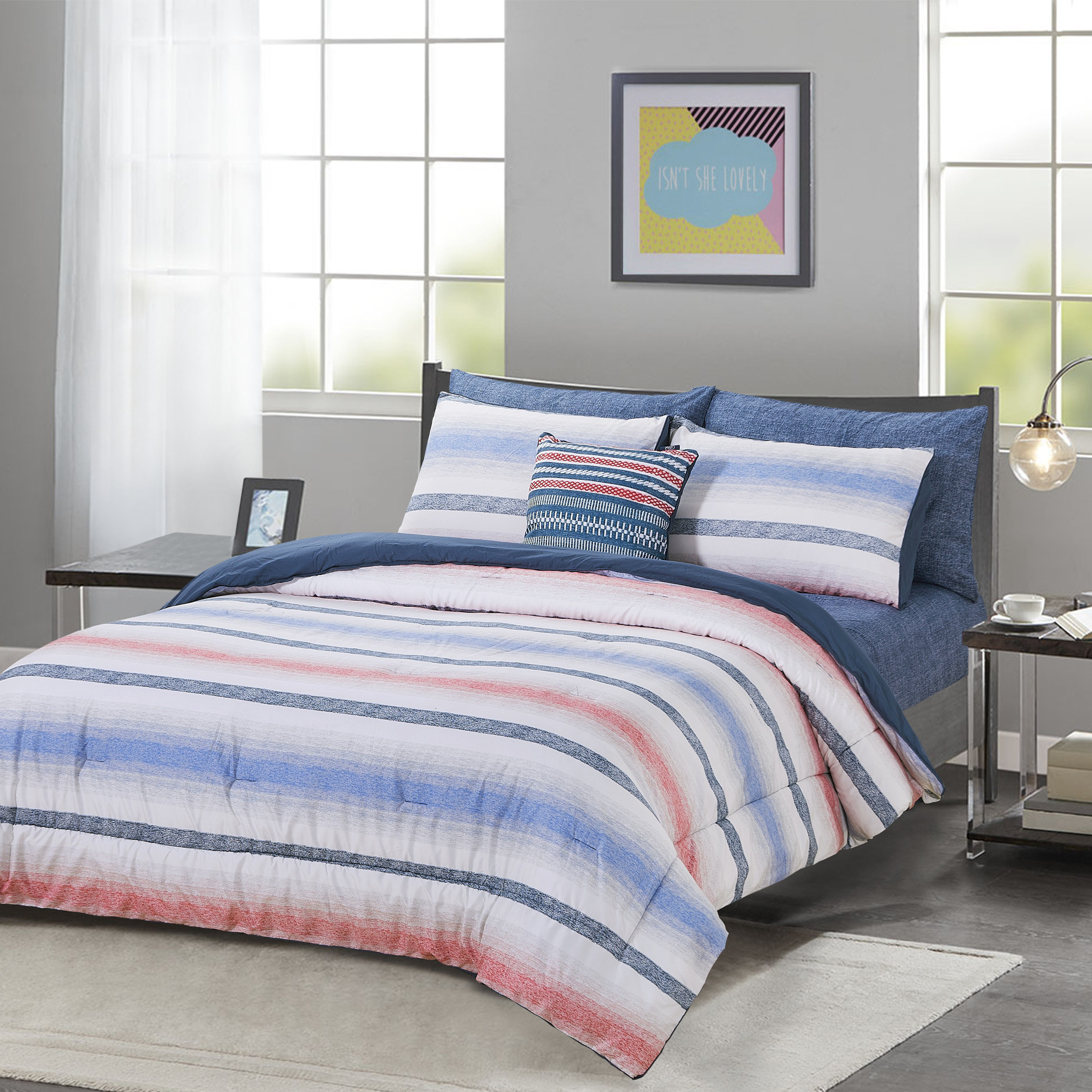 Chaps 8-Piece Stripe Bedding Comforter Set - Bed In A Bag Reversible To ...