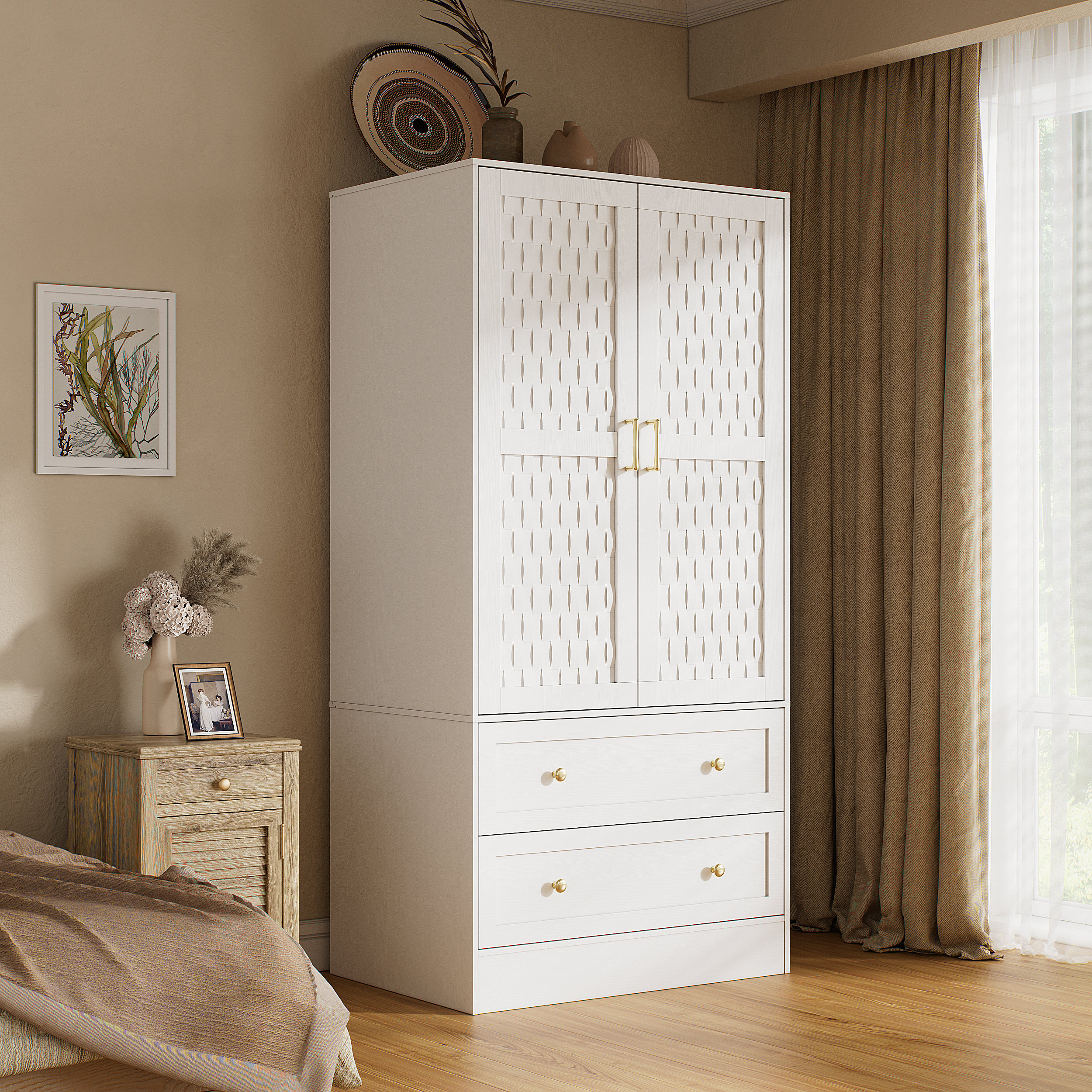 Ebern Designs Zanera Armoire Wardrobe Closet with 2 Woven Doors ...