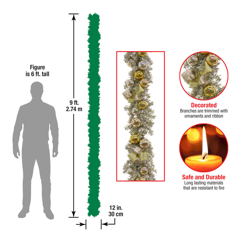 The Holiday Aisle® 9 ft. Pre-Lit Gold Ornament Metallic Garland | Wayfair