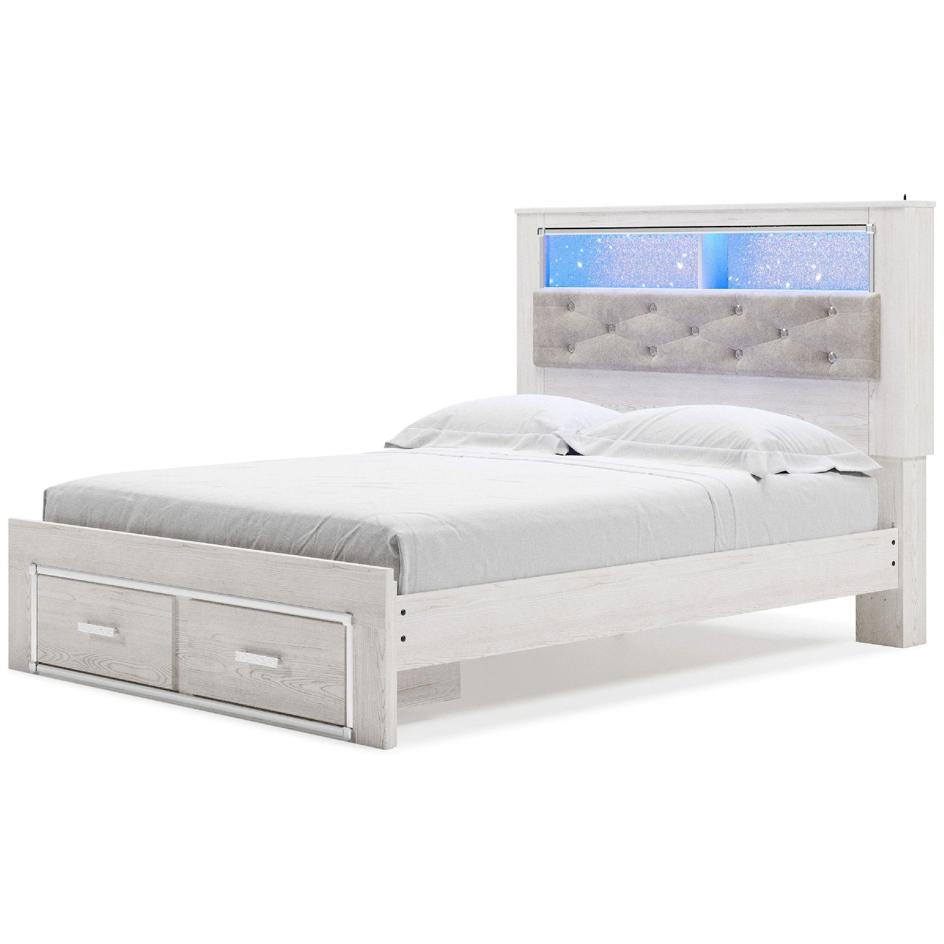 Benjara Aly Storage Bed W Gray Tufted Bookcase Headboard, White, LED ...
