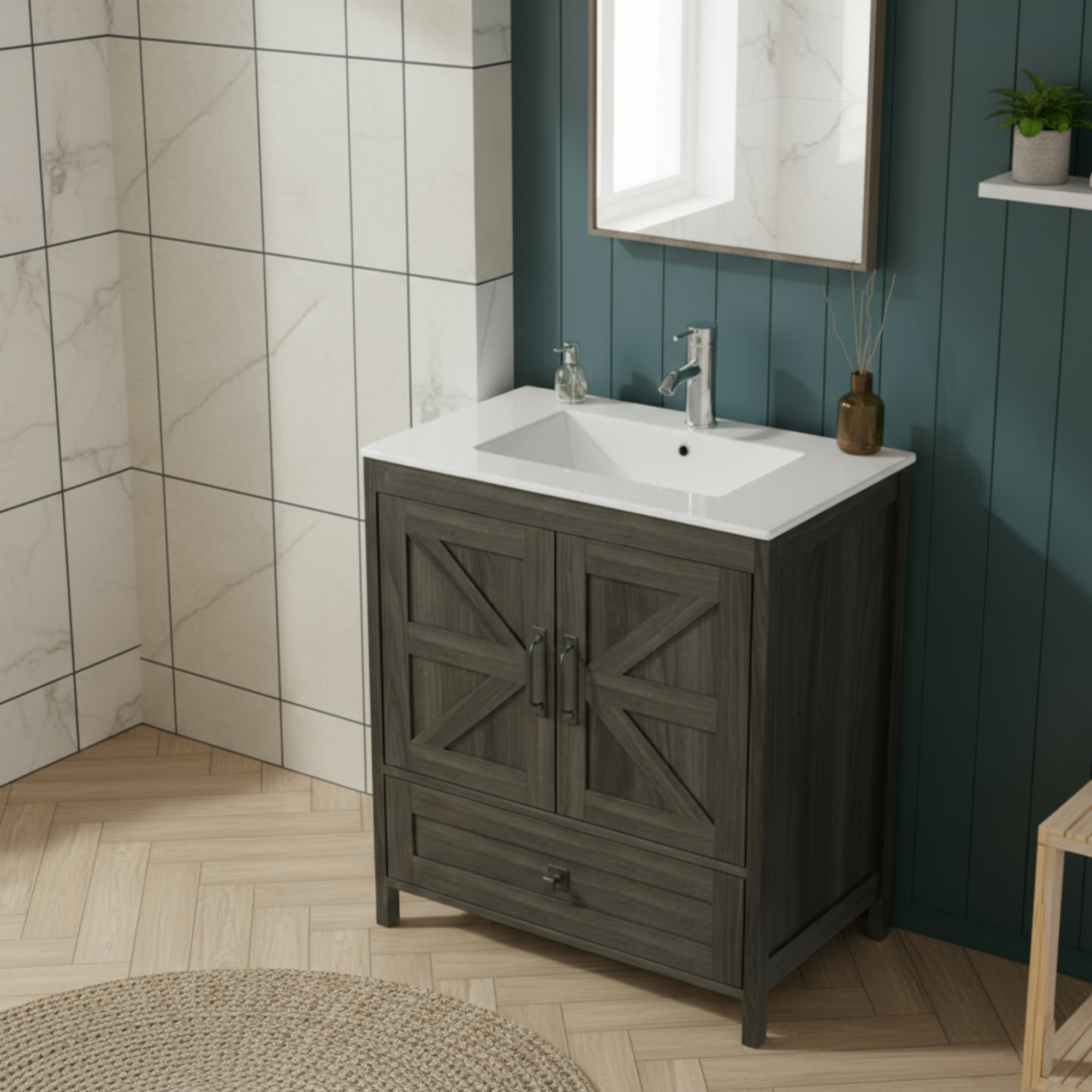 Ebern Designs 30-Inch Grey Farmhouse Bathroom Vanity With Ceramic ...