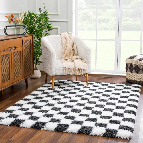 Latitude Run® Atiray Shag Checkered Modern Black / White Area Rug ...