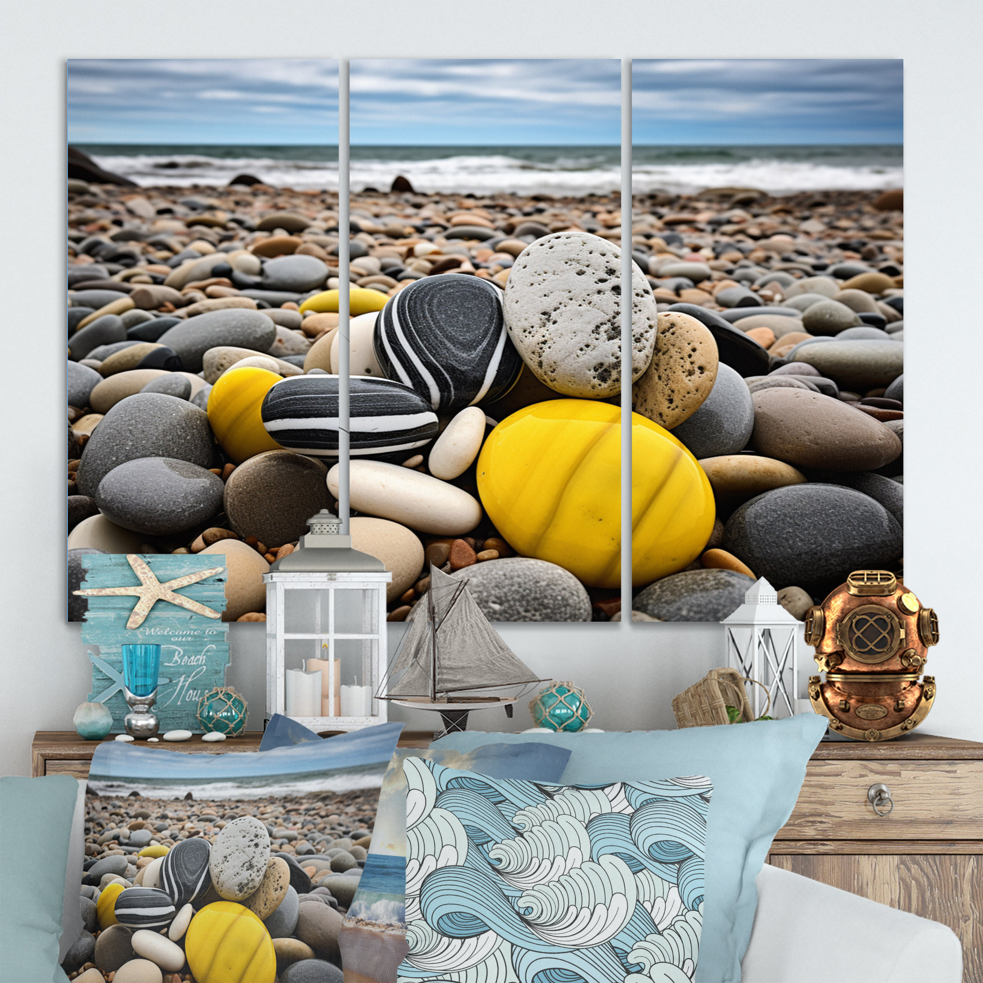 Highland Dunes Yellow Gray Seashell On The Beach On Canvas 3 Pieces ...