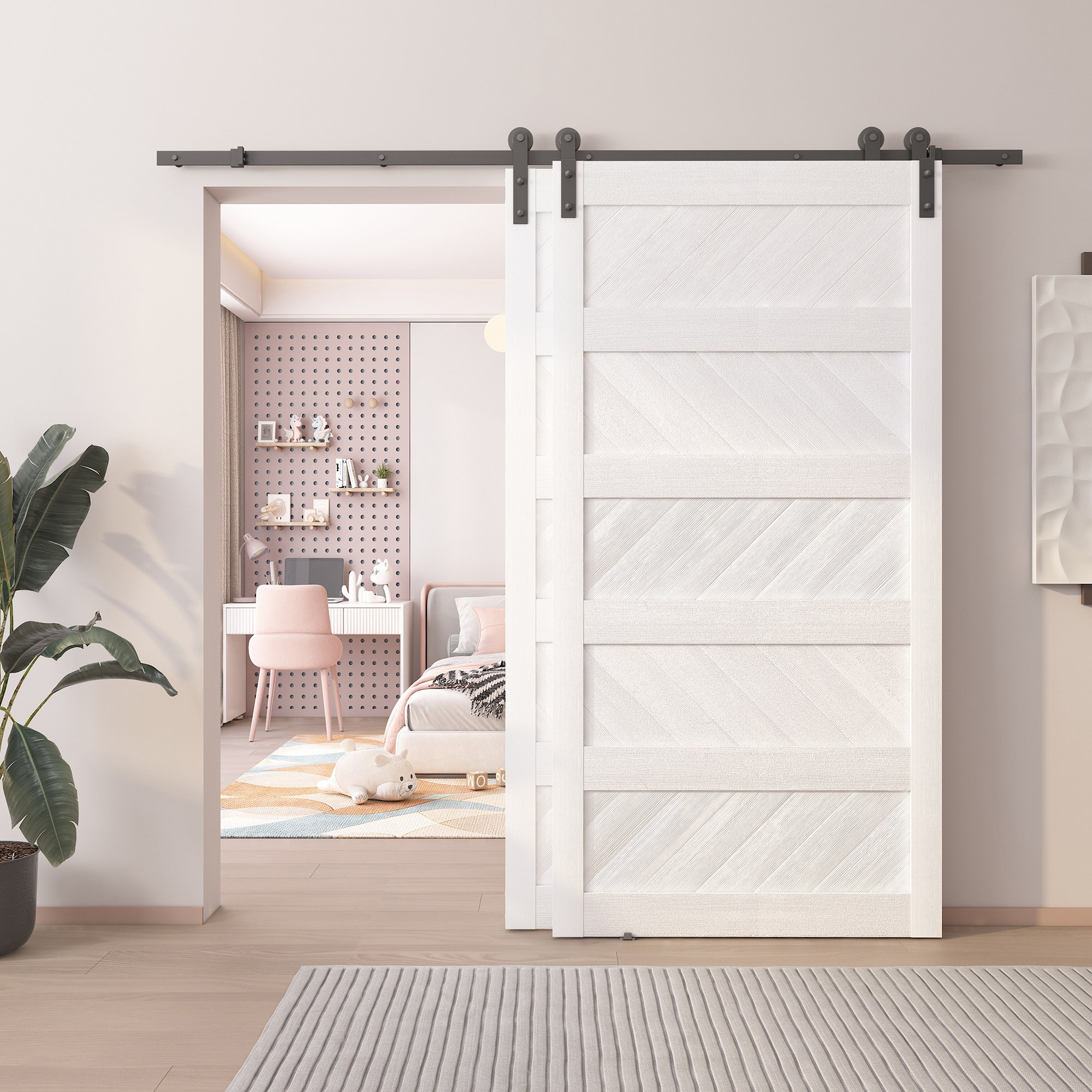 JUBEST Manufactured Wood Paneled Wave Design Bypass Barn Door Double ...