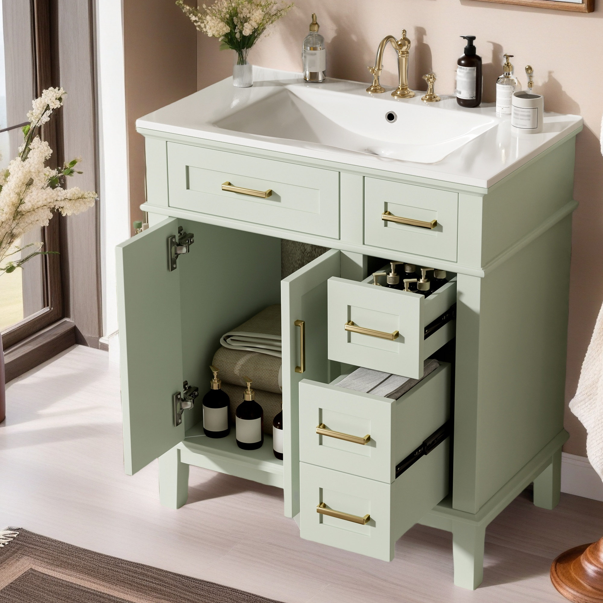 Mercer41 30" Bathroom Vanity With Ceramic Sink, Modern Storage Cabinet ...