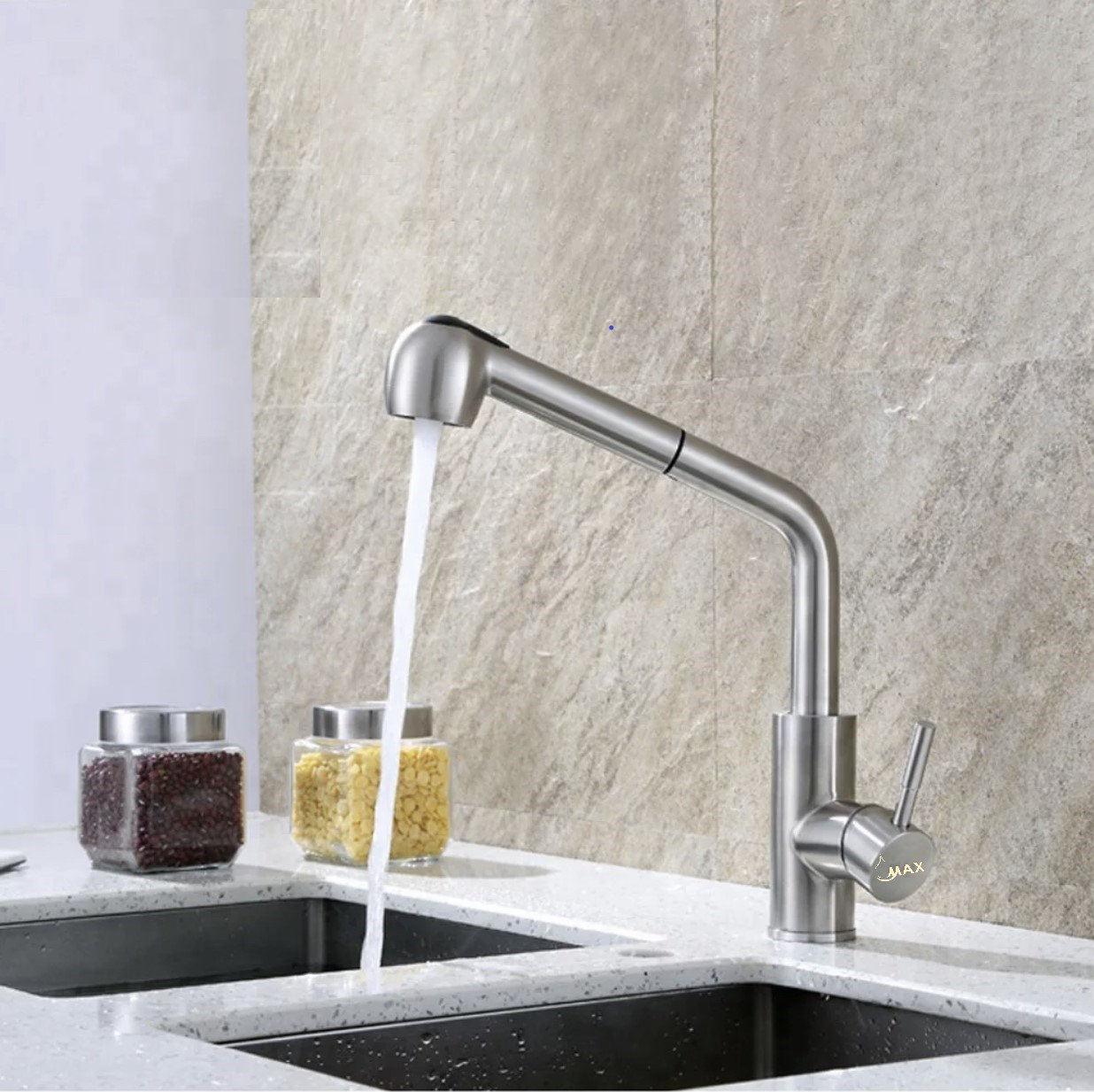 MAX Faucets - 14" Brushed Nickel Pull Out Single Handle Kitchen Faucet ...