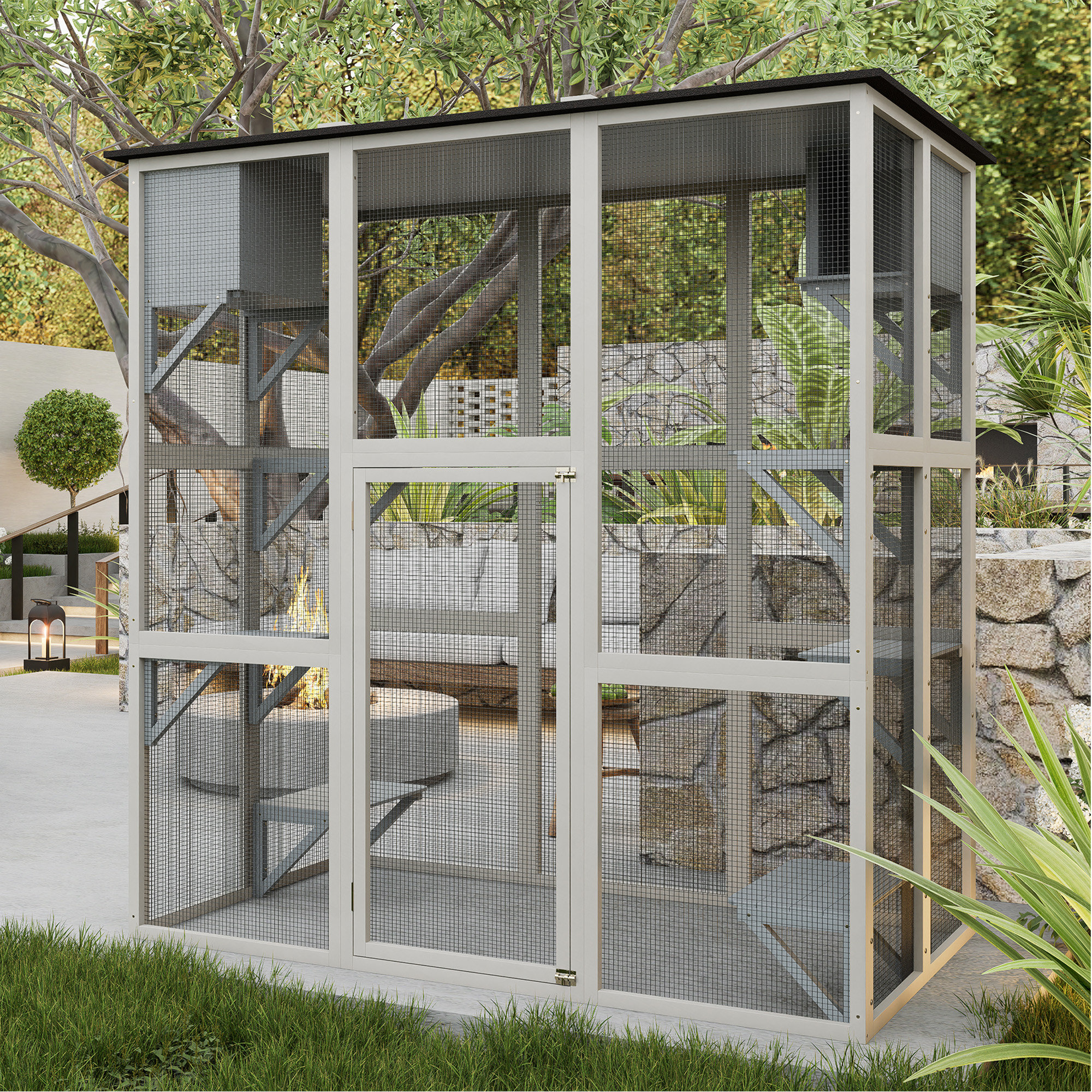 TYUNABRN 70.9" Gray Wooden Outdoor Catio Cat Enclosure With ...