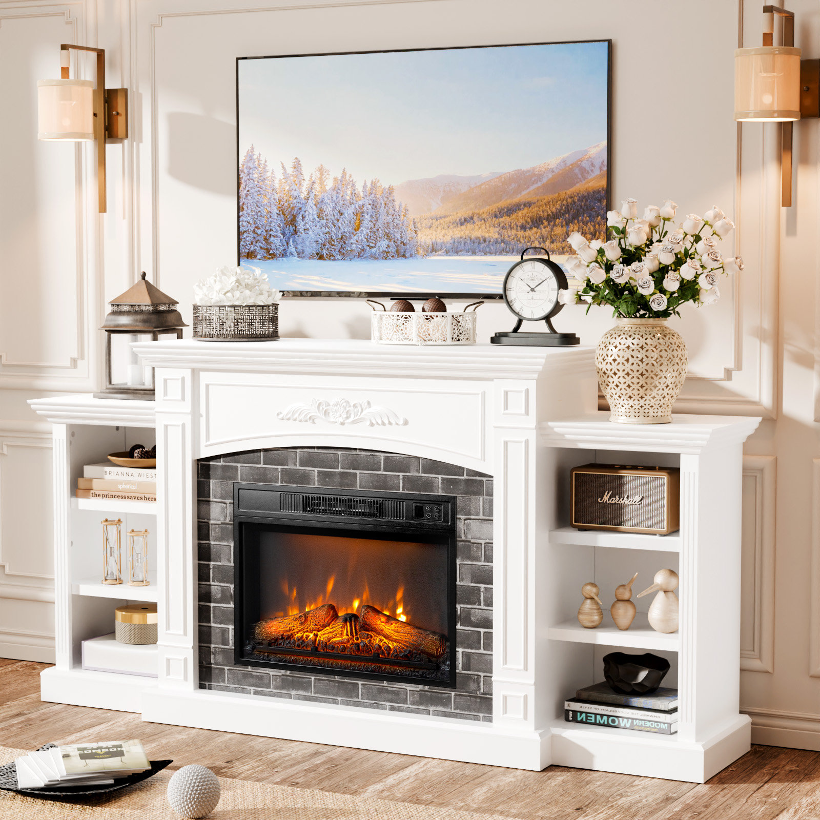 Lark Manor White Fireplace TVStand Fit Up To 90In TV With 23In Fireplace Western Style Reviews Wayfair
