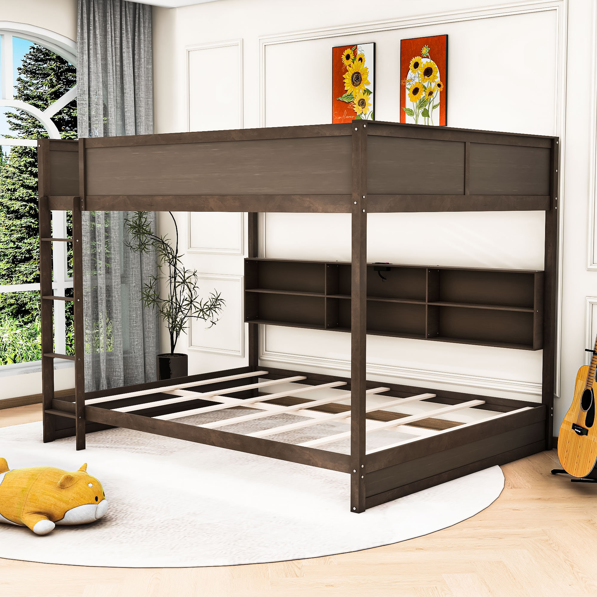 Harriet Bee Queen Over Queen Wooden Bunk Bed With Storage Cabinets And ...