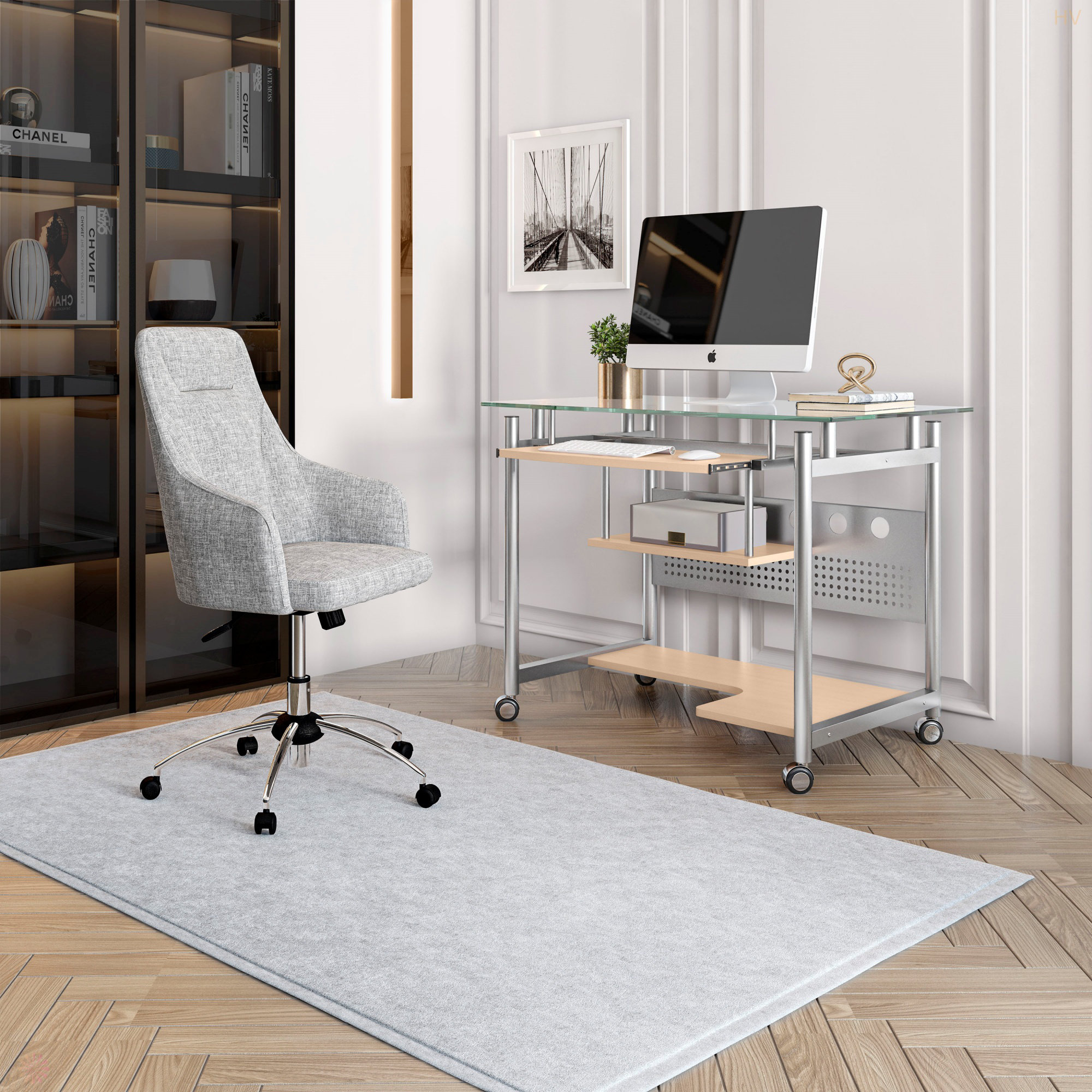 Ivy Bronx Techni Mobili Rolling Computer Desk, Glass And Silver | Wayfair