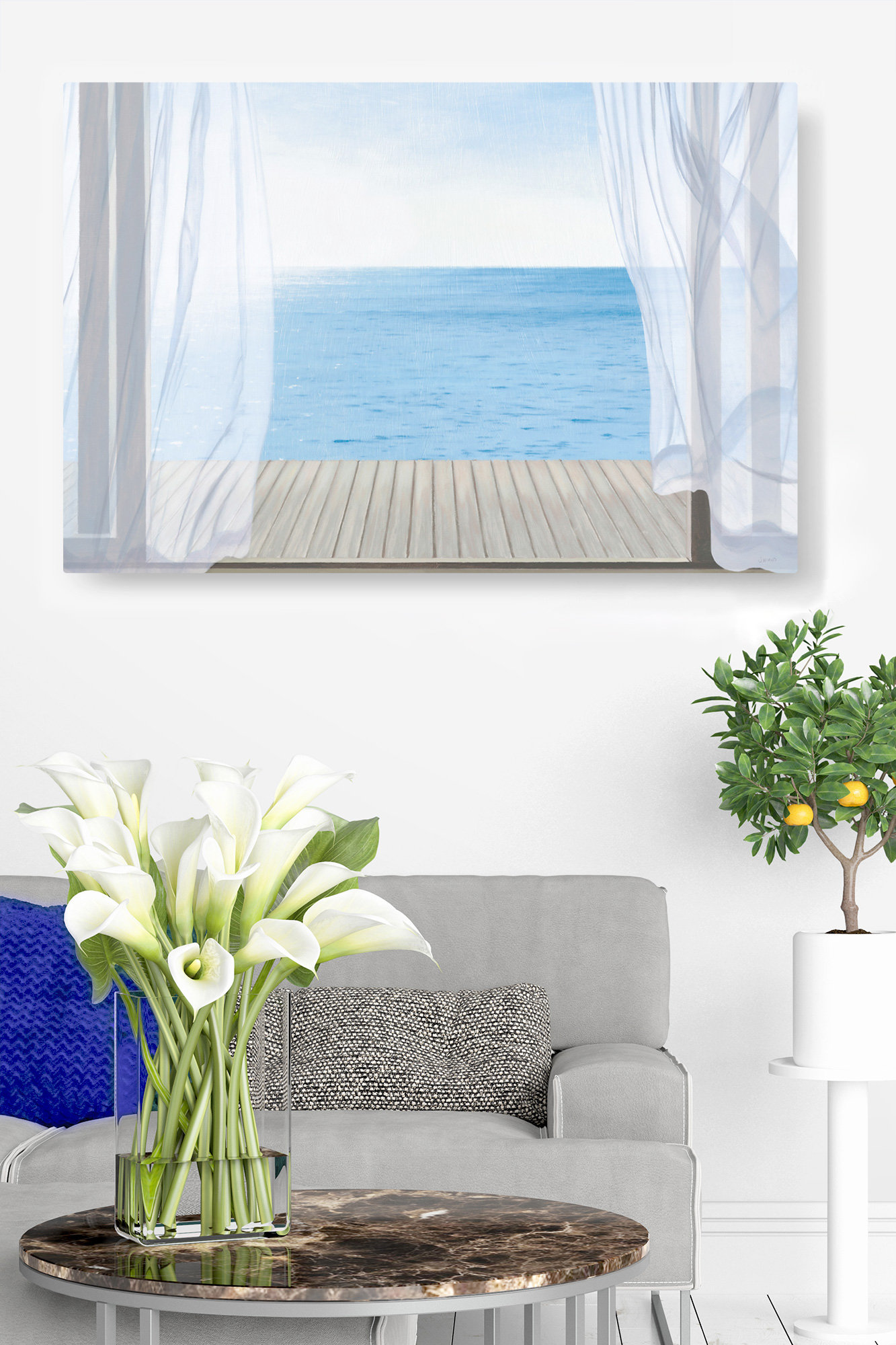 Rosecliff Heights Breezy Open Window Ocean View, White, Blue, Tan | Wayfair