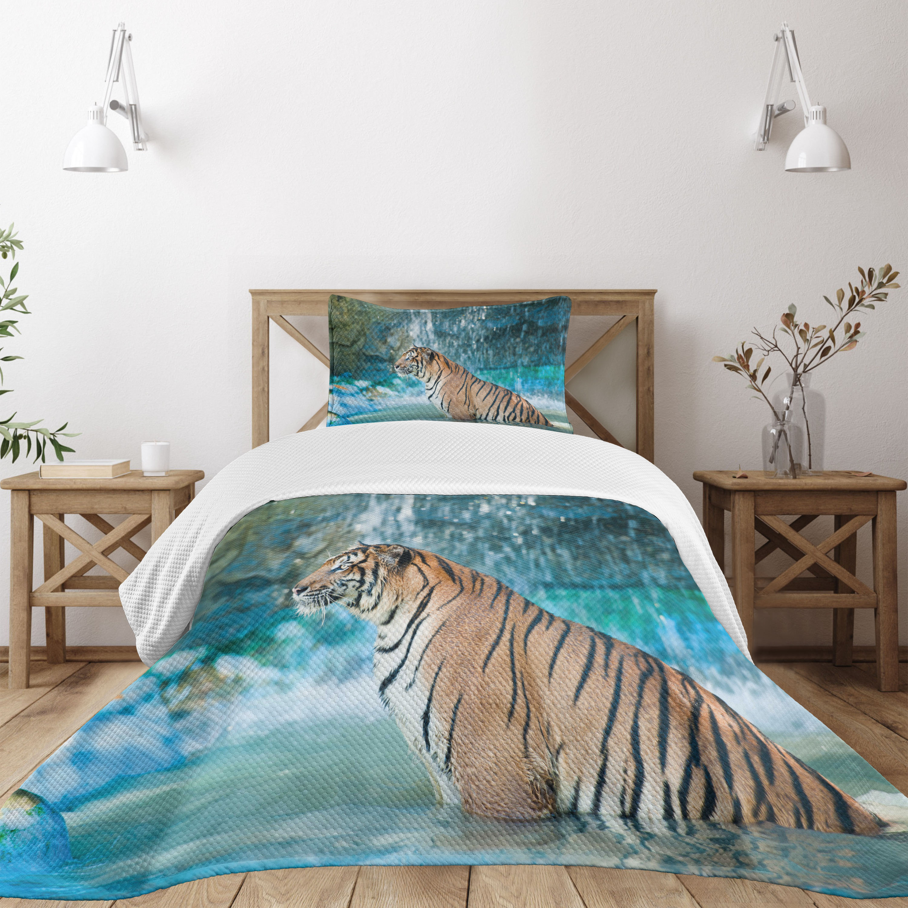 Ambesonne Tiger Bedspread Set Feline Animal in Pond Pale Brown ...