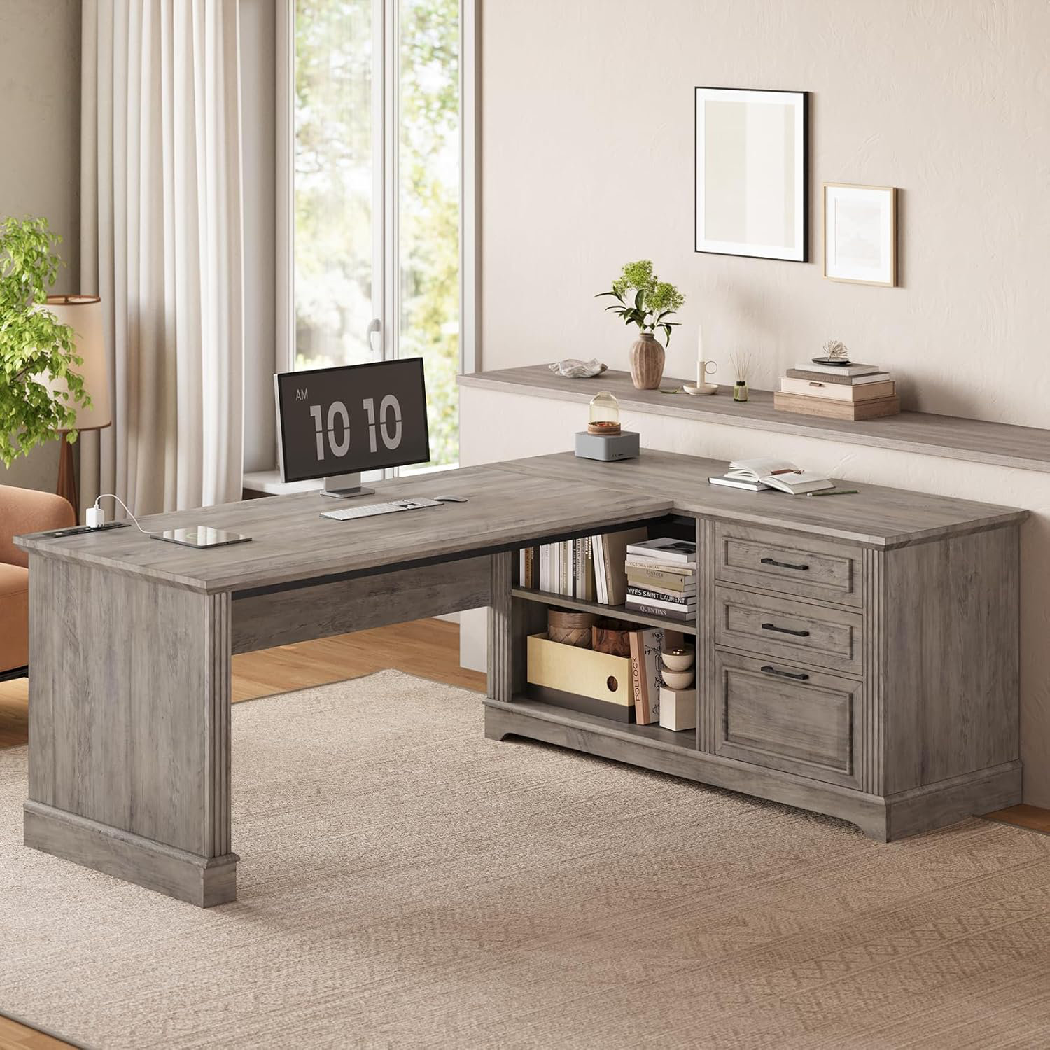 Winston Porter 61" Executive Desk, Farmhouse L Shaped Desk With File ...
