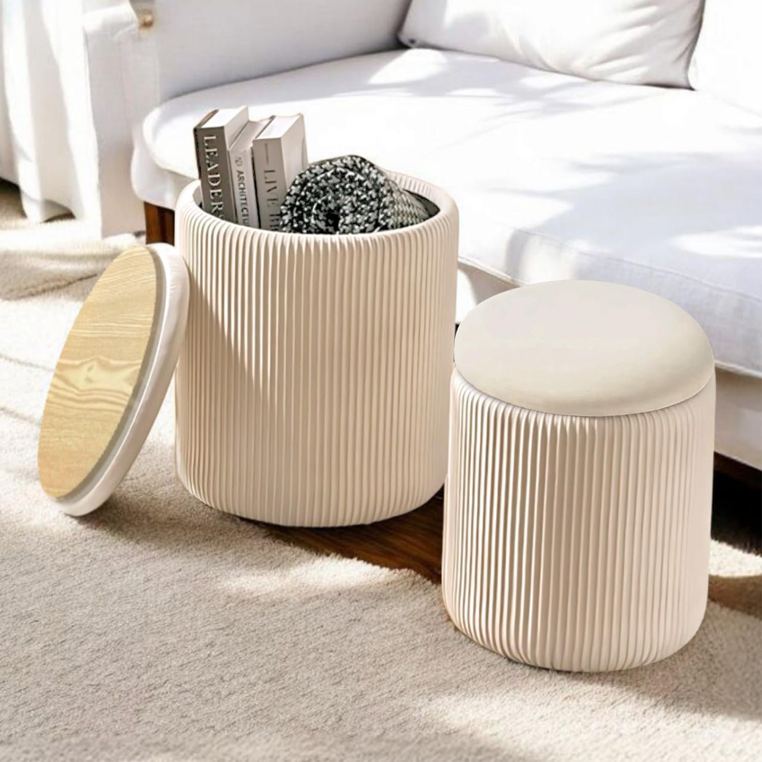 Ebern Designs Round Storage Ottoman (Set of 2) - Multifunctional ...