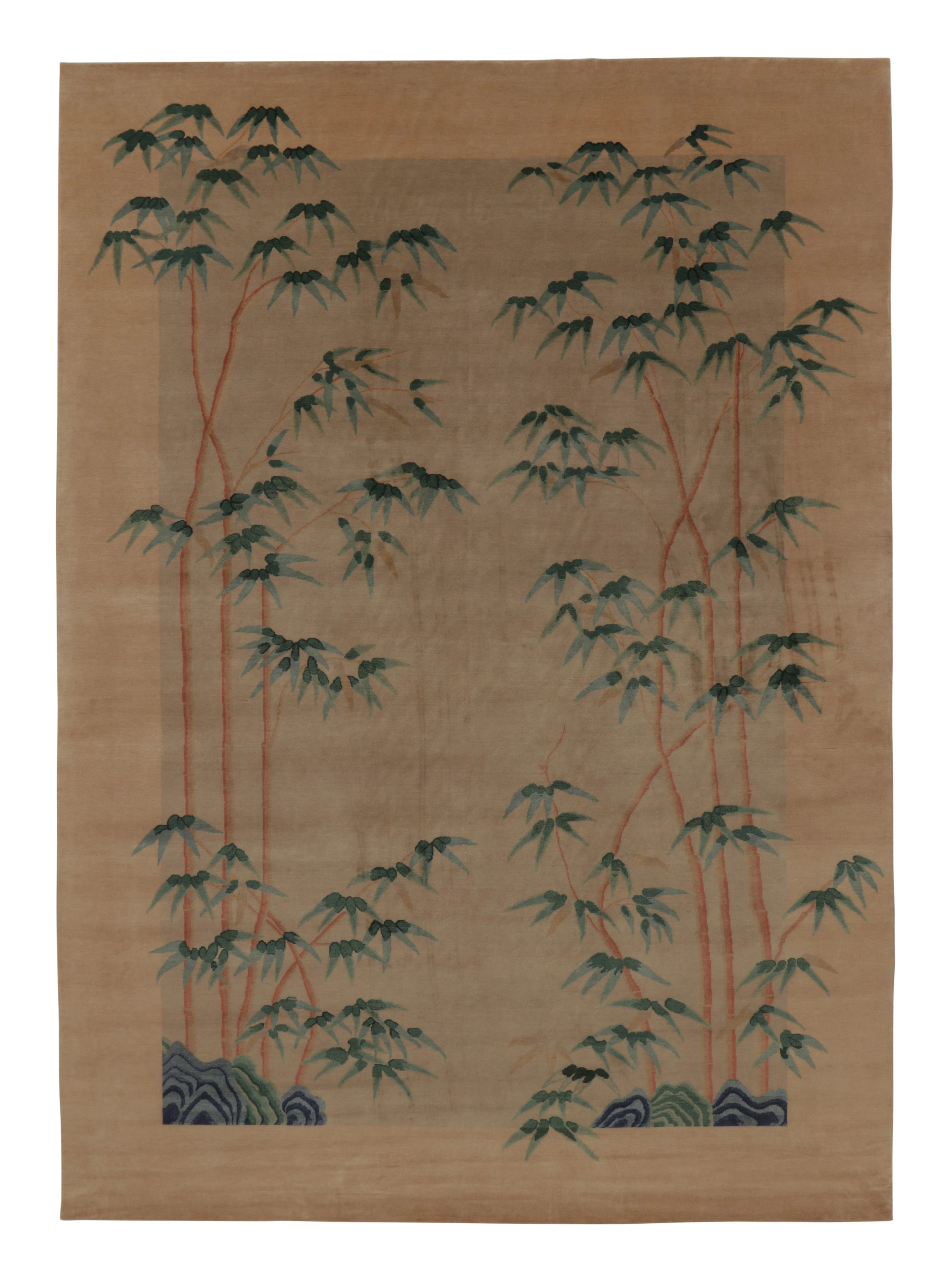 Rug & Kilim’S Chinese Art Deco Inspired Rug, Beige With Teal Bamboo ...