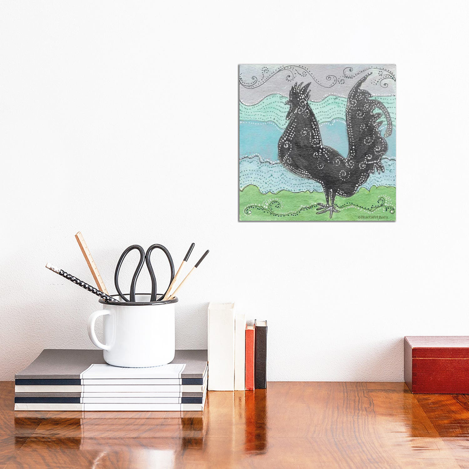 August Grove Whimsical Swirly Rooster by Bluebird Barn - Wrapped Canvas ...