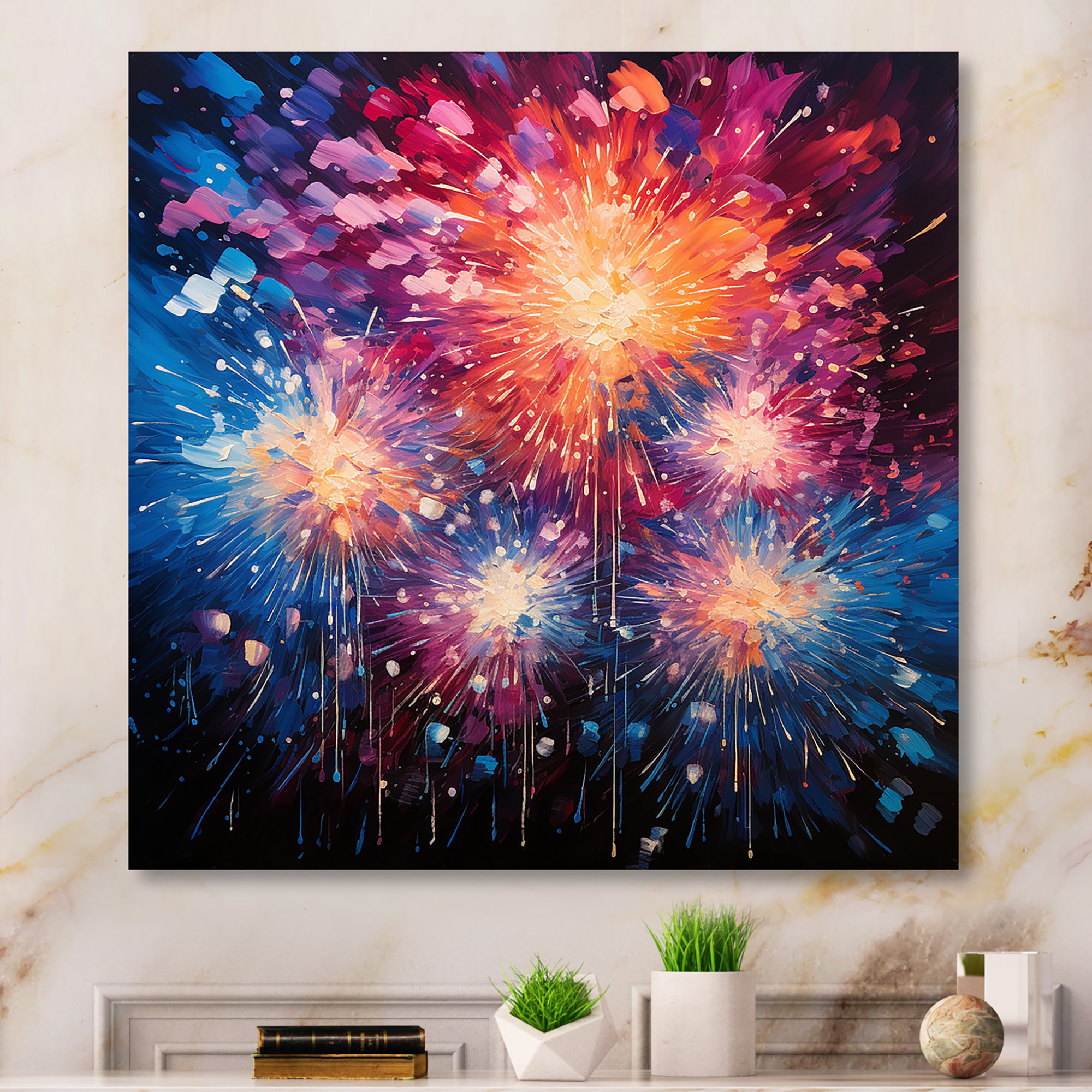 Ivy Bronx Blue And Pink Fireworks Brilliance - Fireworks Metal Wall Art ...