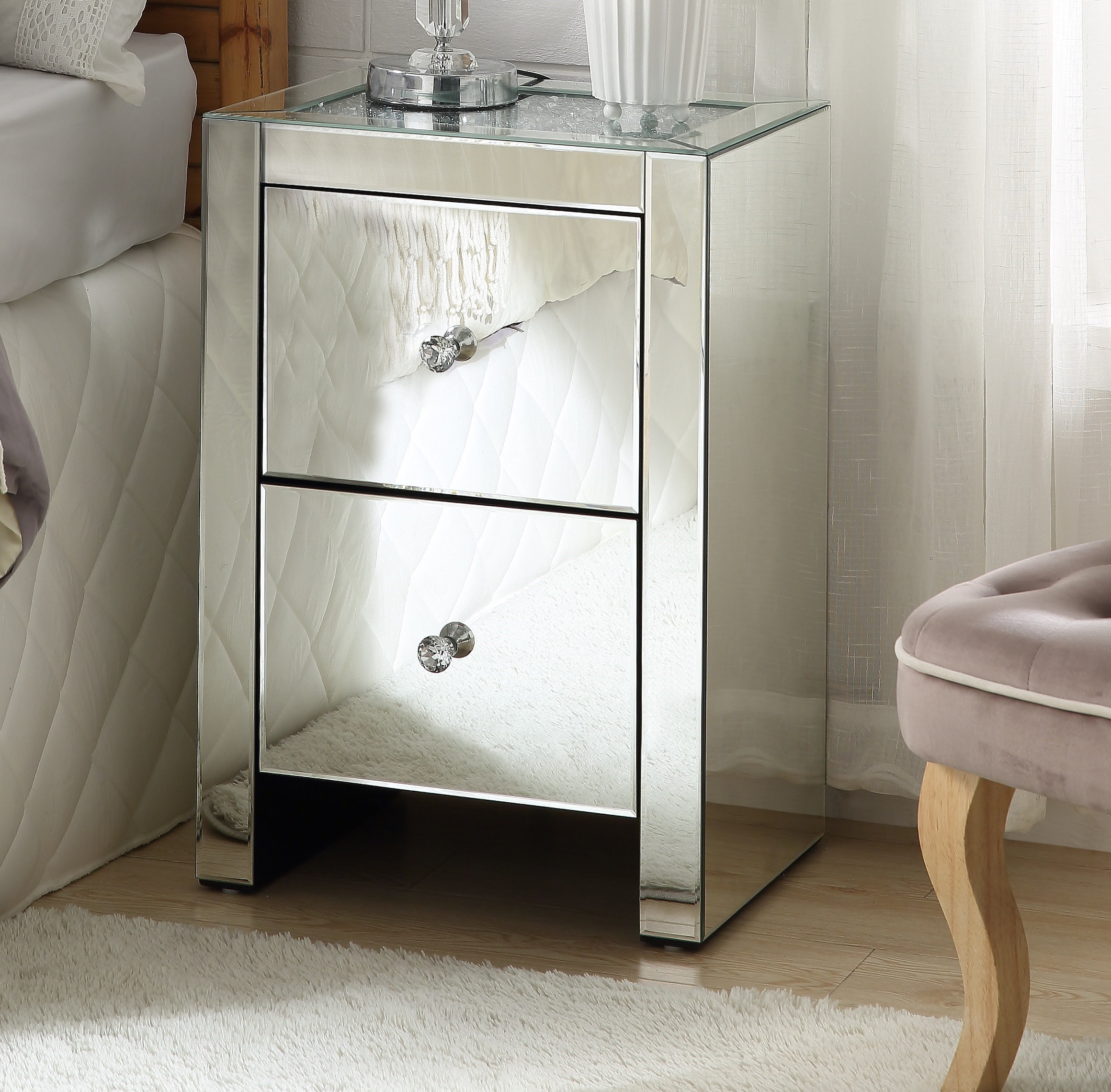 Everly Quinn 2 - Drawer Glass Nightstand in Silver | Wayfair